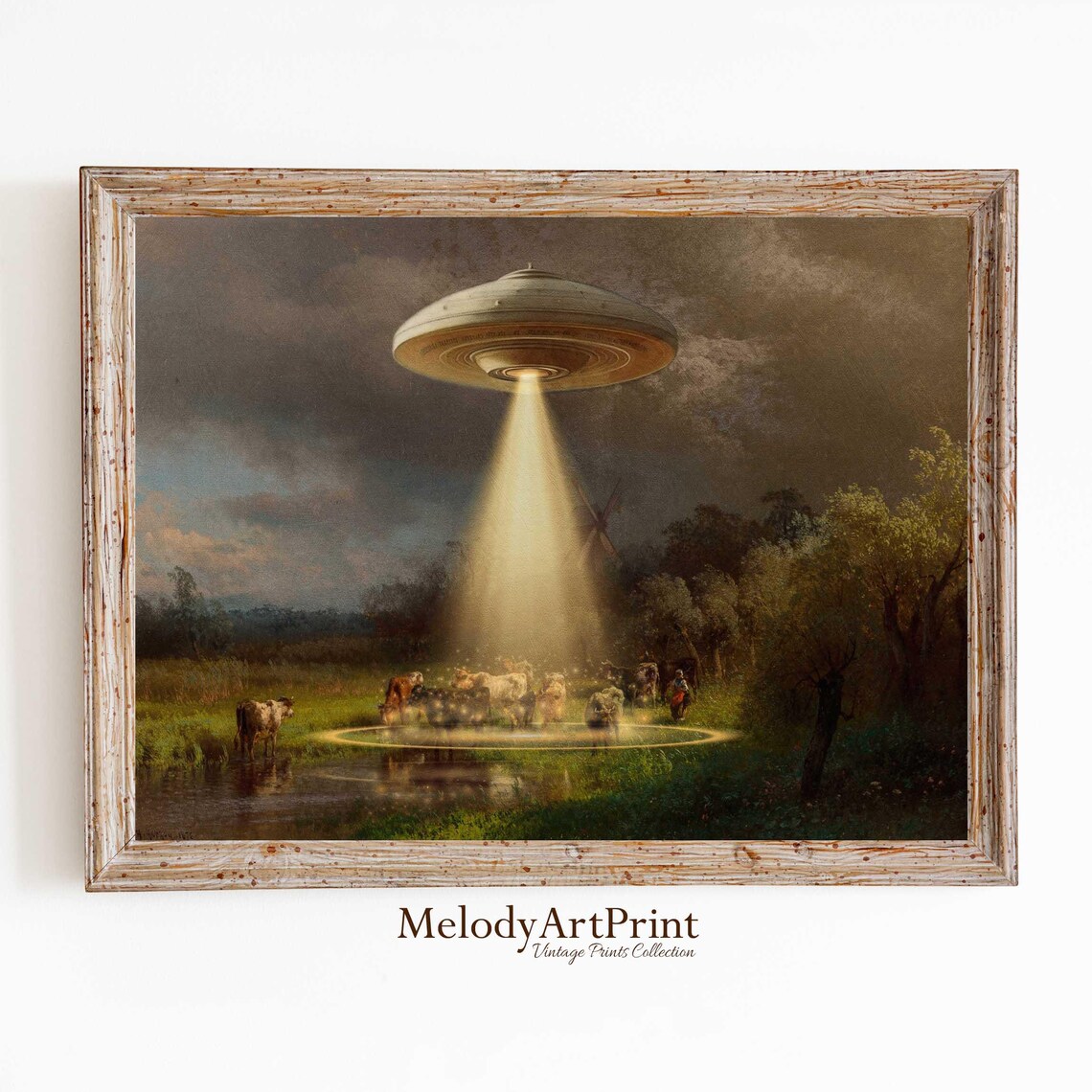 SEPT Ufo Cow Art, Altered Vintage Landscape Print, Alien Abduction ...