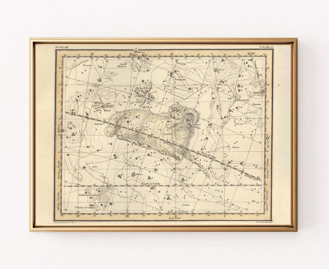 SEPT Vintage Aries, Star Map, Antique, Celestial Chart Art, Zodiac Wall ...