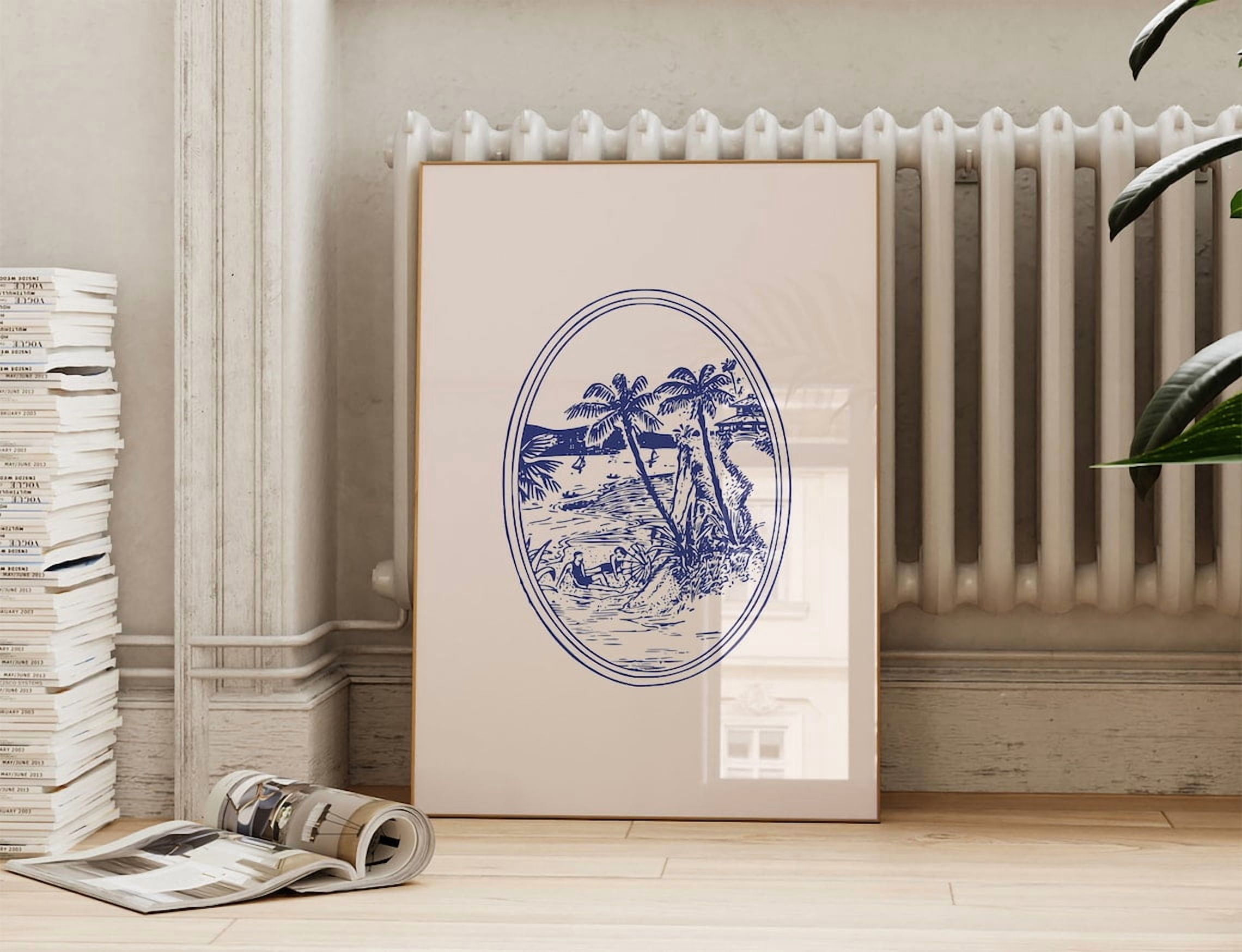 SEPT Vintage Blue Tropical Print Palm Tree Art Coastal Wall Decor Retro ...