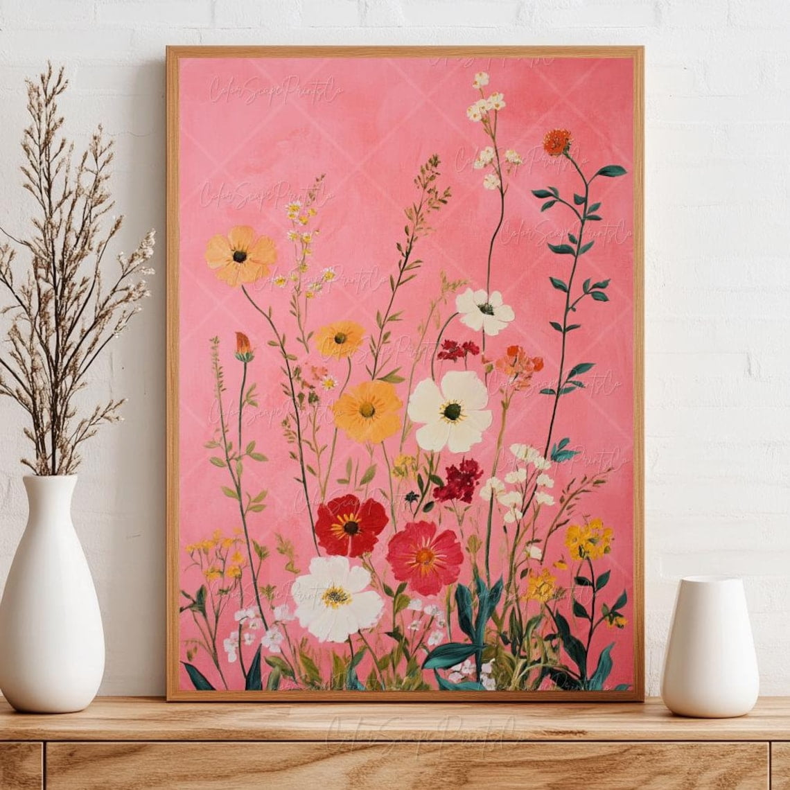 SEPT Vintage Garden Painting Botanical Landscape Print Wildflower Field Framed Wall Art Field Of ...