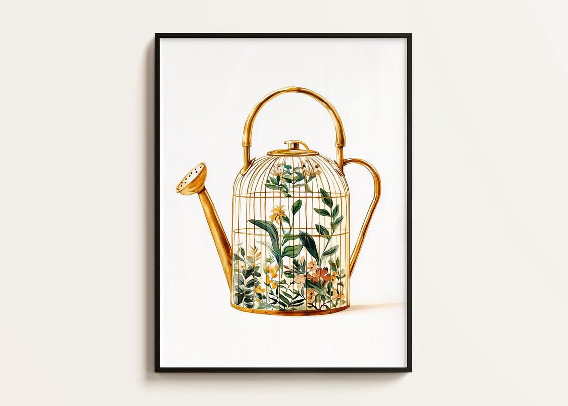 SEPT Vintage Houseplant Water Can Art Print, Terrarium Watercolour ...