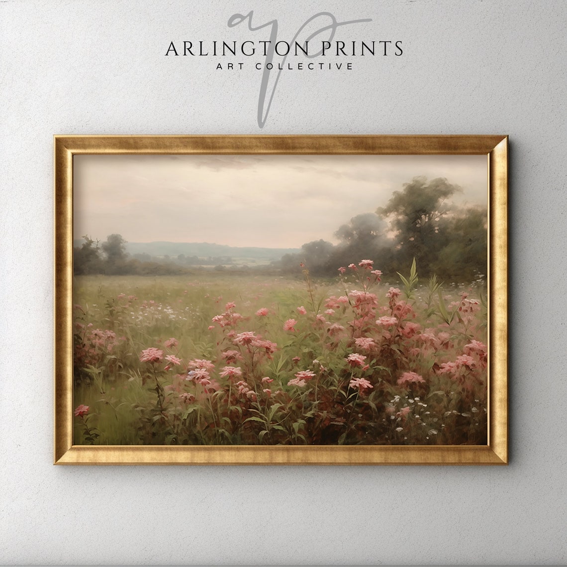 SEPT Vintage Meadow Painting, Pink Wildflower Field, Spring Home Decor ...