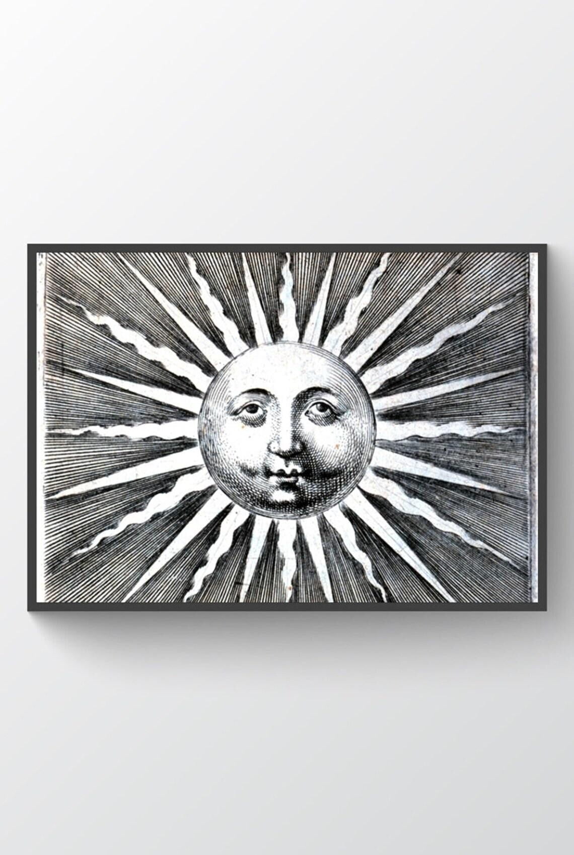 SEPT Vintage Sun Face, Monochrome Engraved Sun Illustration, Sunburst ...