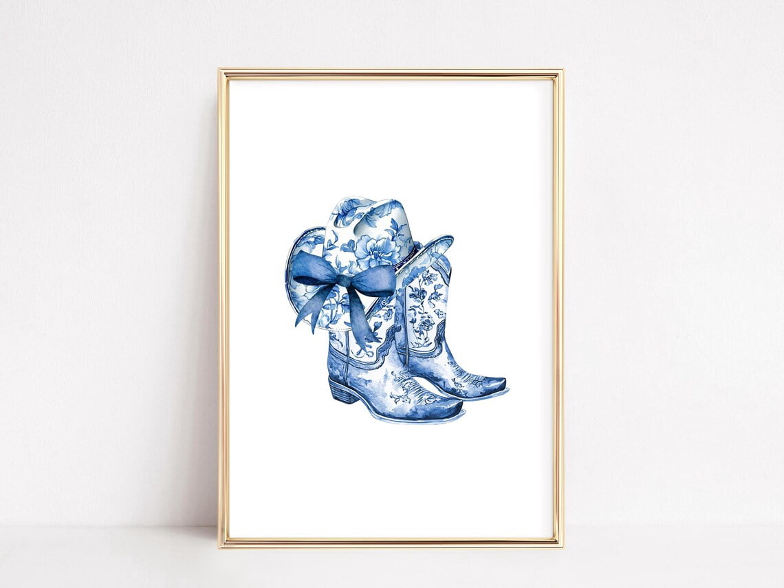 SEPT Watercolor Coastal Cowgirl Print Trendy Western Wall Art Blue And ...