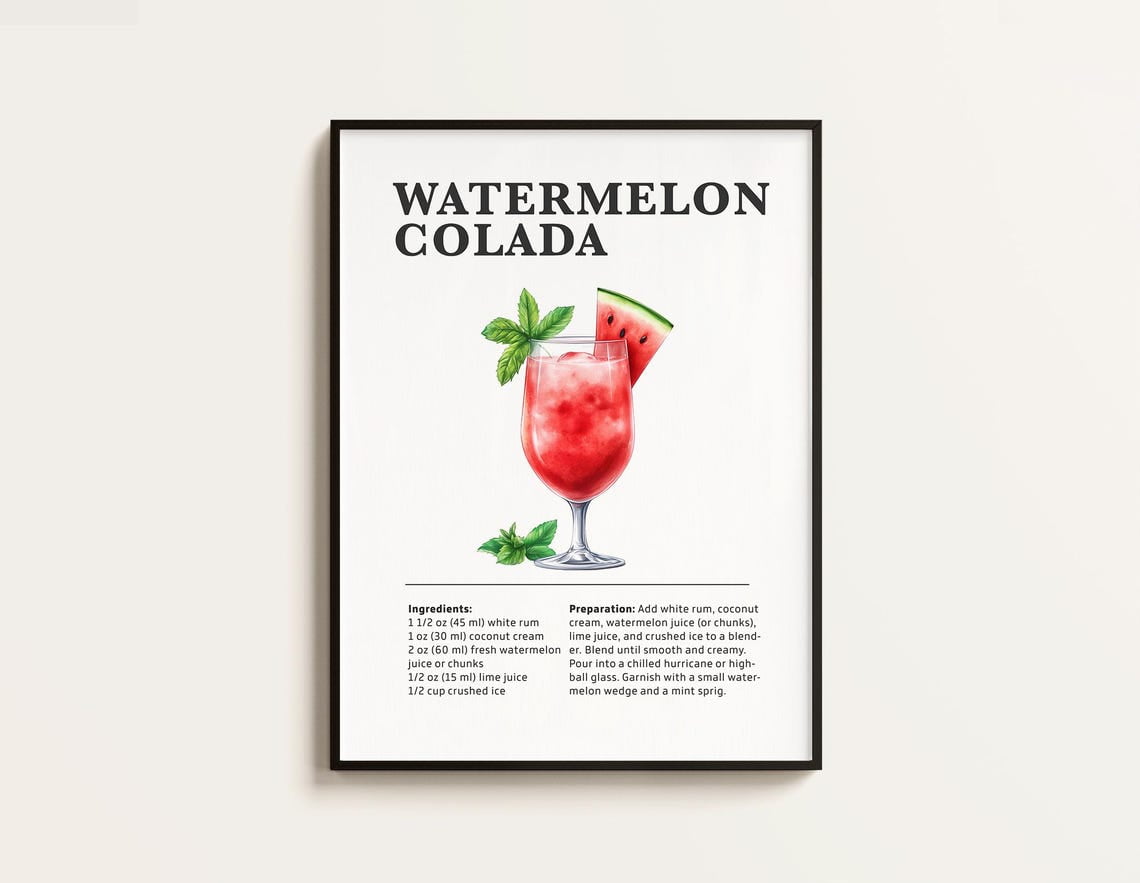 SEPT Watermelon Colada Poster, Colada Recipe, Cocktail Print, Bar ...