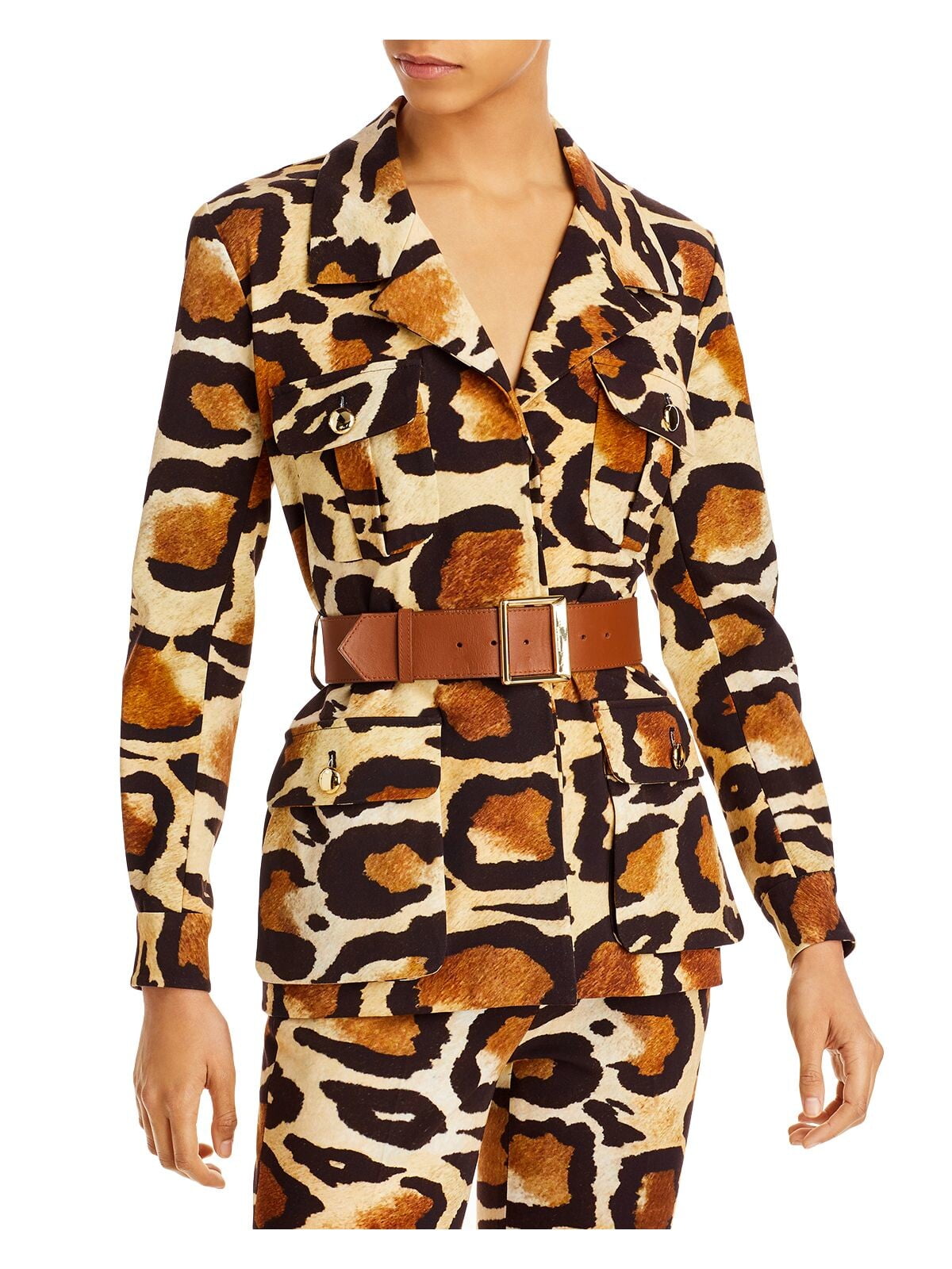 SERGIO HUDSON Womens Brown Belted Pocketed Button Cuffs Animal Print ...