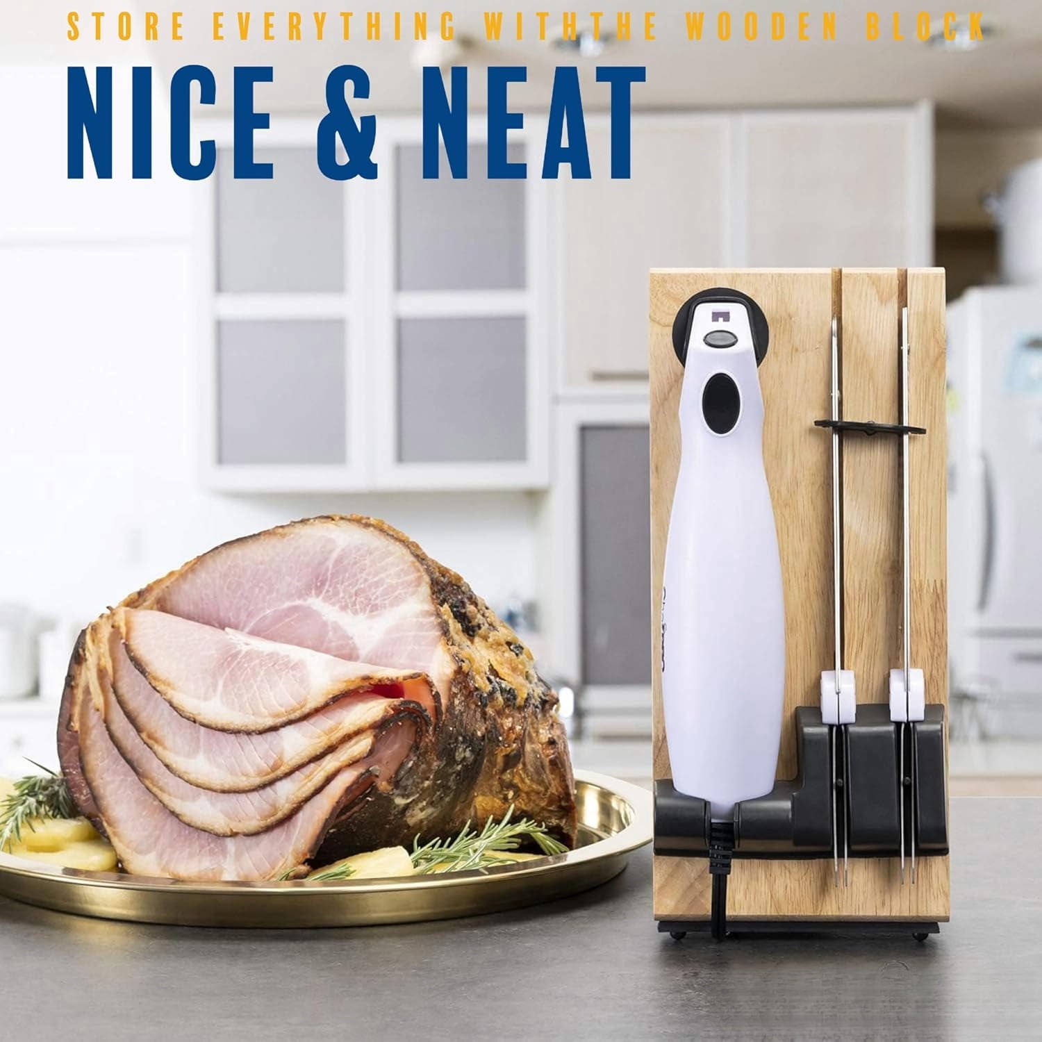 SERRATED CARVING ELECTRIC KNIFE SET , With Wooden Storage Block, 2 ...