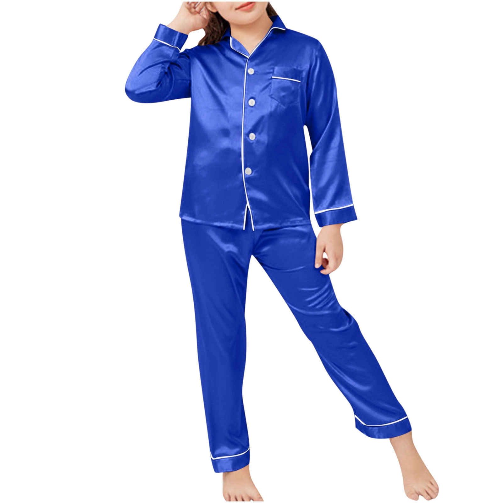 SERTG Girls Big Kids Solid Color Homewear Set Long Sleeve Button-Down ...