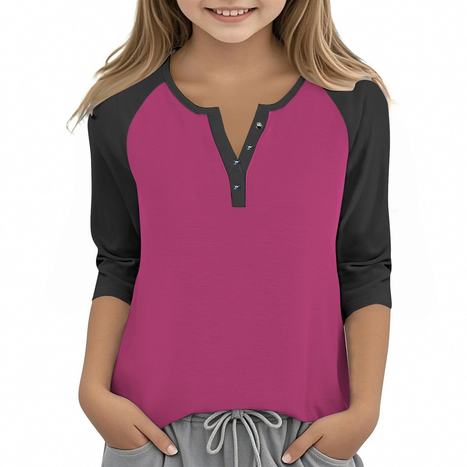 SERTG Girls Color Block Casual Top with Button V-Neck 3/4 Sleeve Spring ...