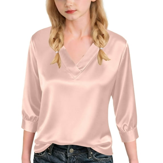 SERTG Girls Loose V-Neck Shirt Short Sleeve Casual Soft Pullover Spring ...