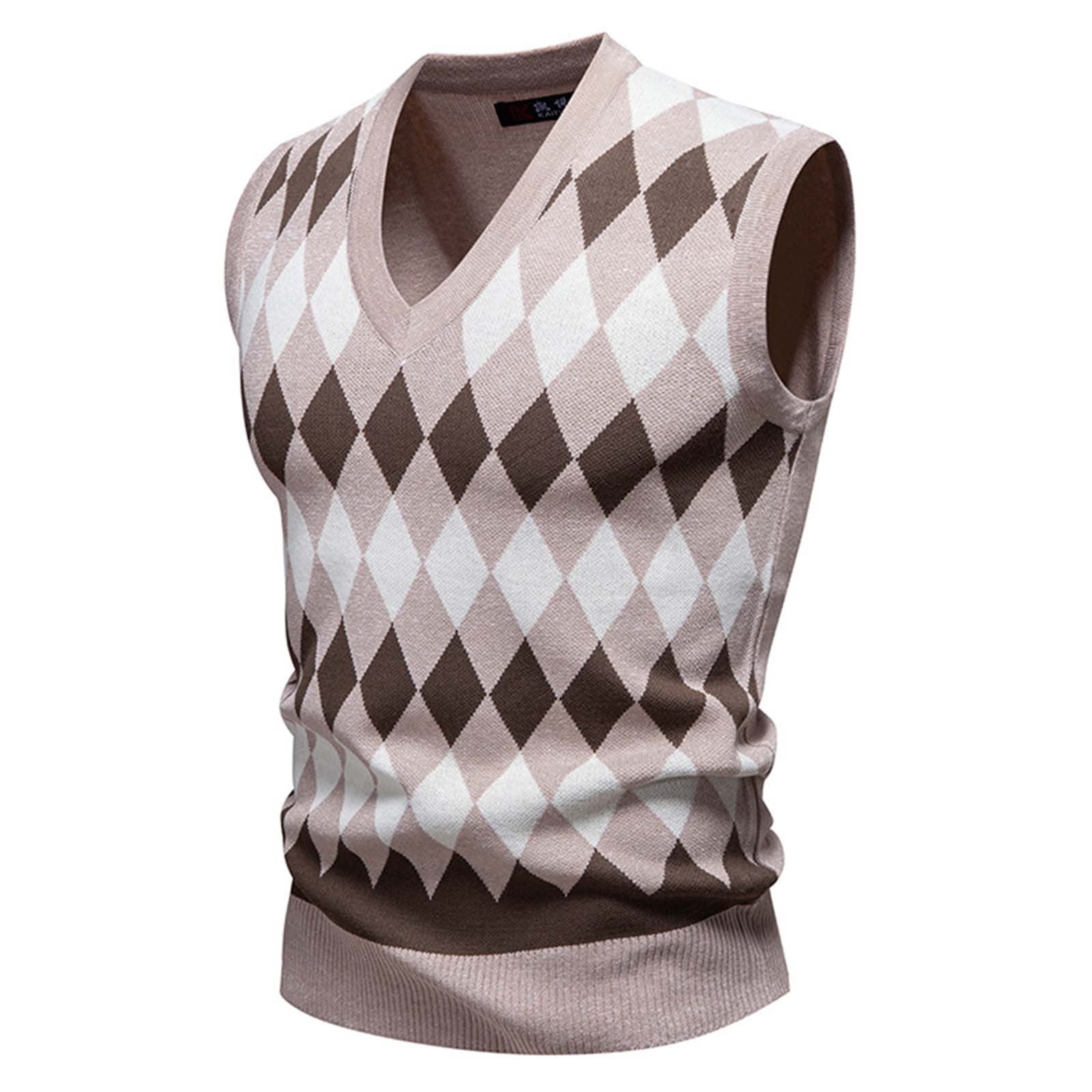 SERTG Men's British Checkered Knit Vest Fall Winter Jacquard V Neck ...