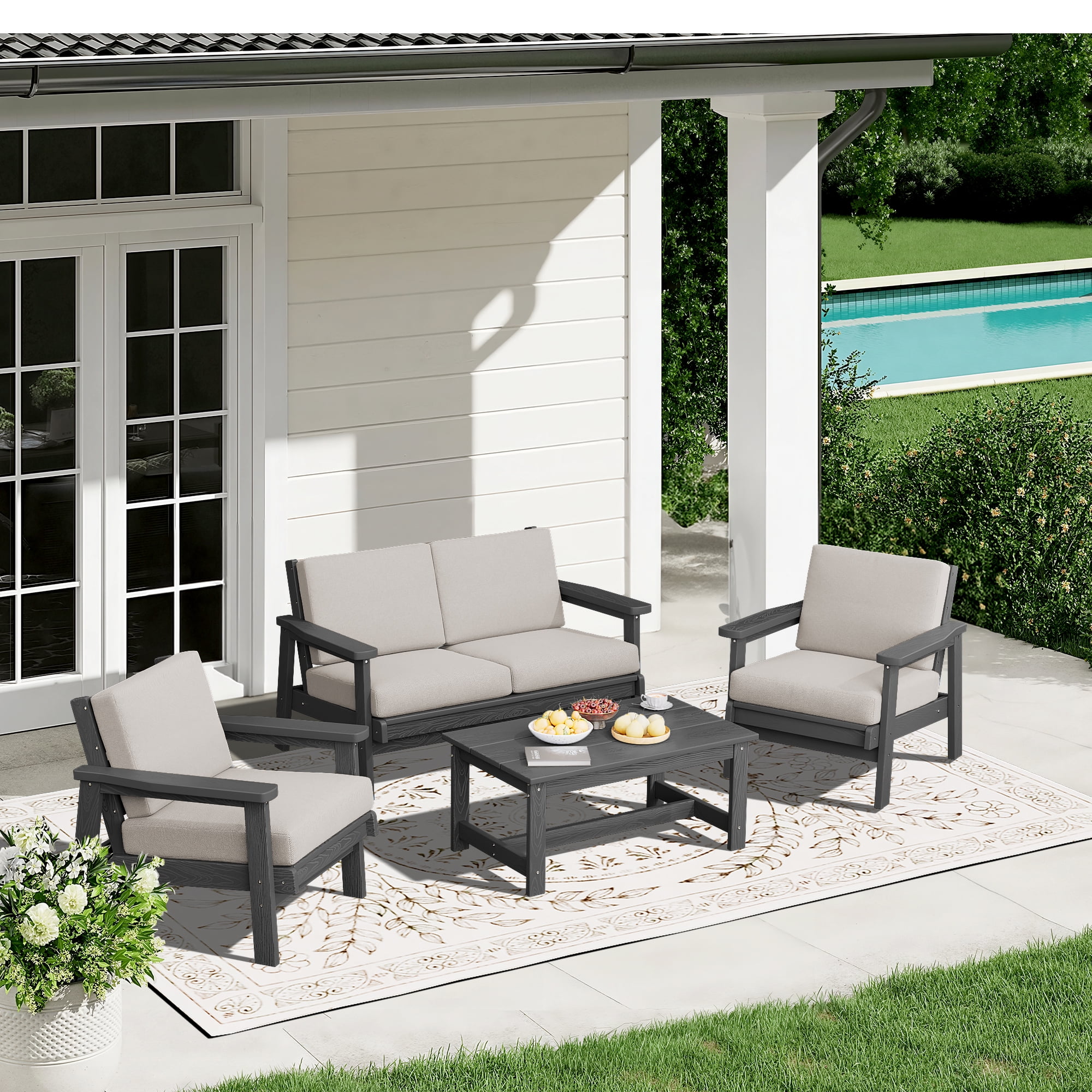SERWALL 5 Pieces Outdoor HDPE Patio Furniture Sets, Conversation Sets ...