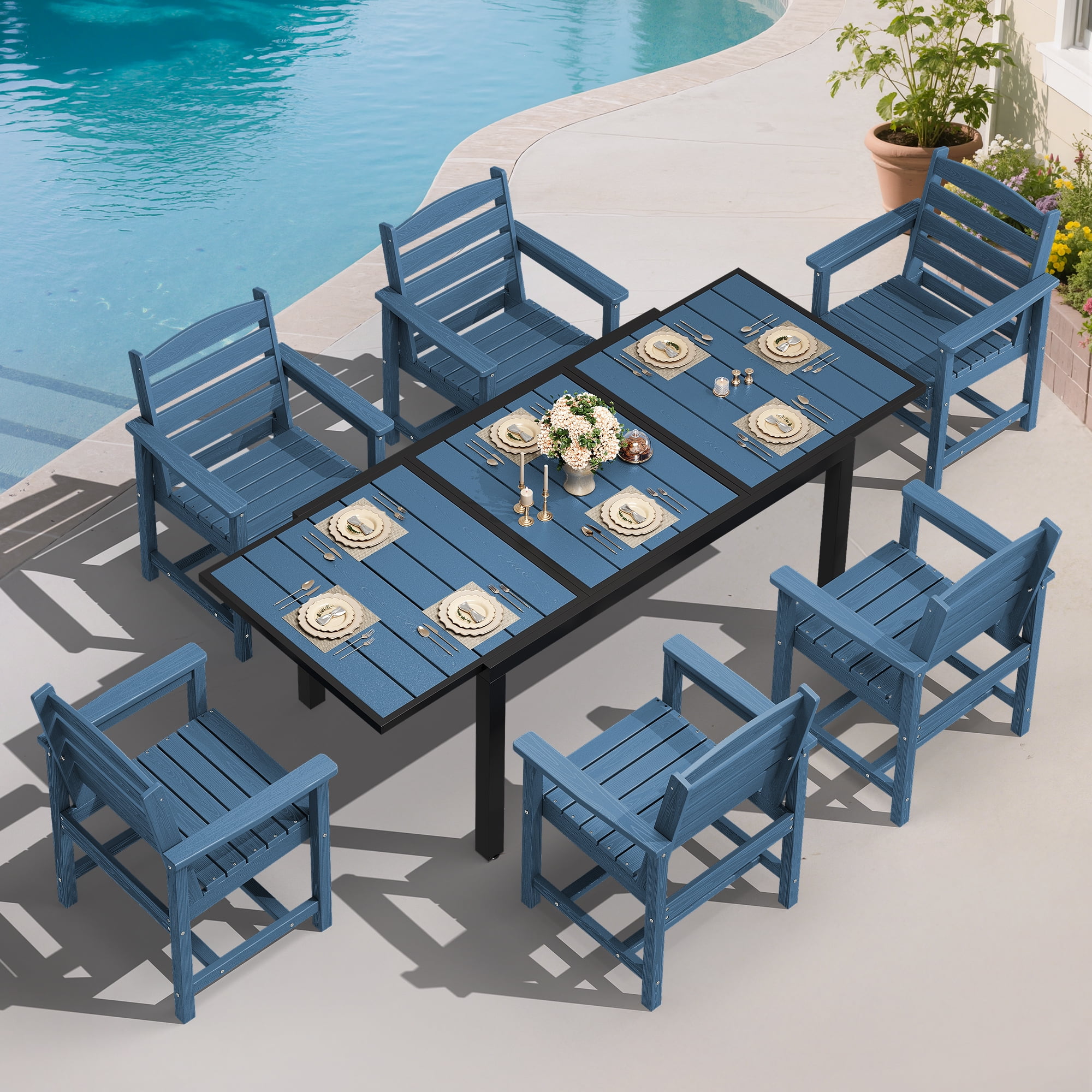 SERWALL 7 Piece HDPE Outdoor Dining Set Aluminum Expandable Patio ...