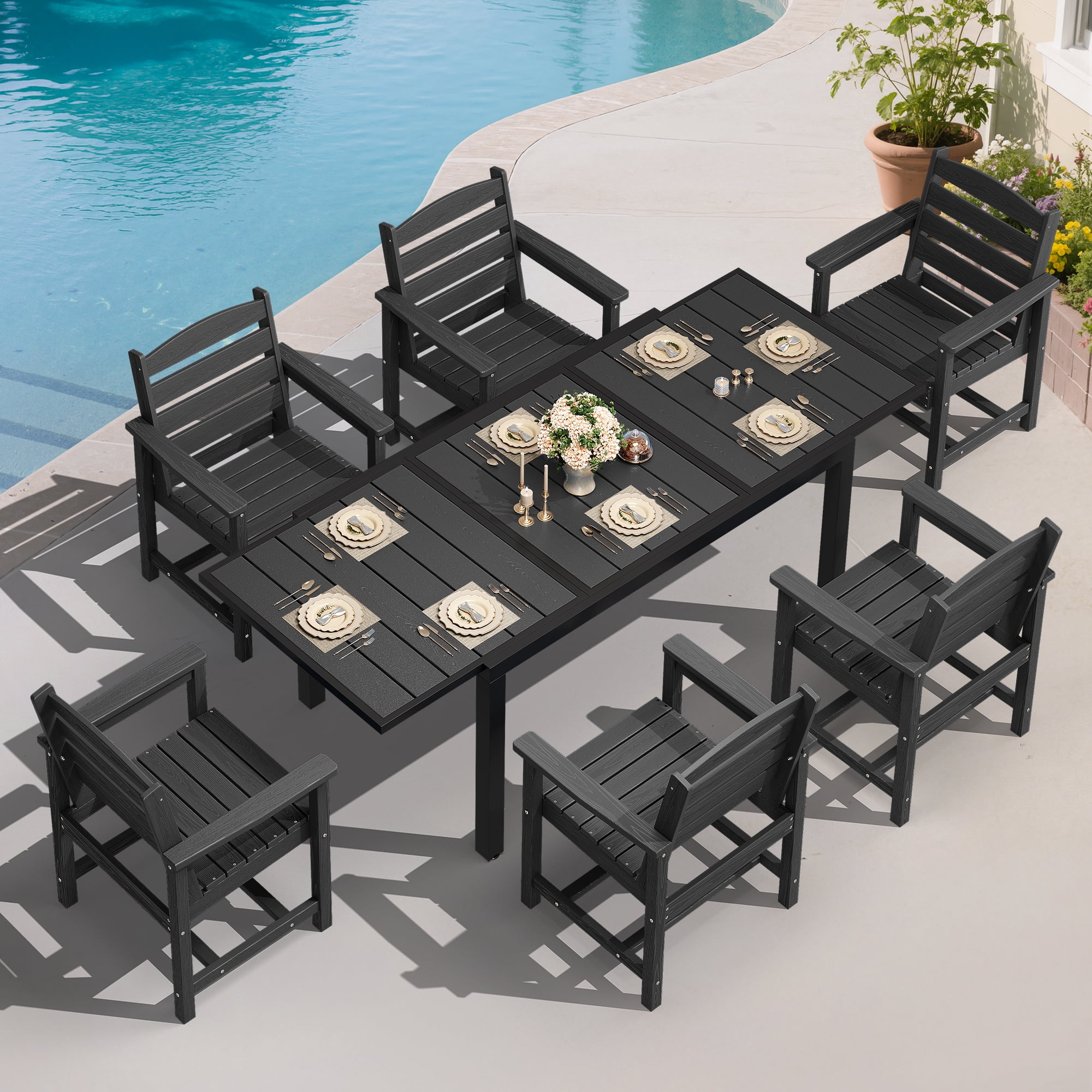 SERWALL 7 Piece HDPE Outdoor Dining Set Aluminum Expandable Patio ...