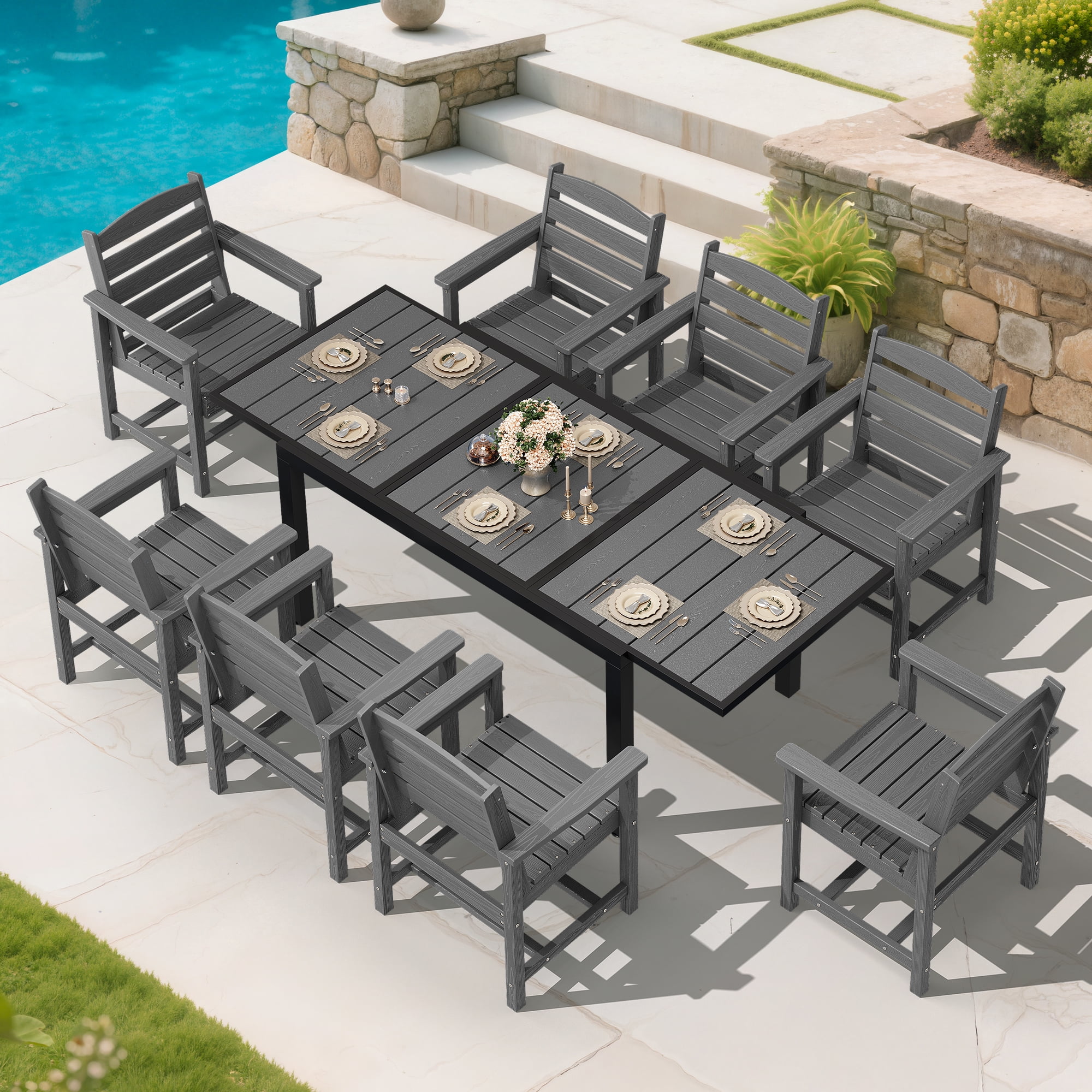 SERWALL 9 Piece HDPE Outdoor Dining Set Aluminum Expandable Patio ...