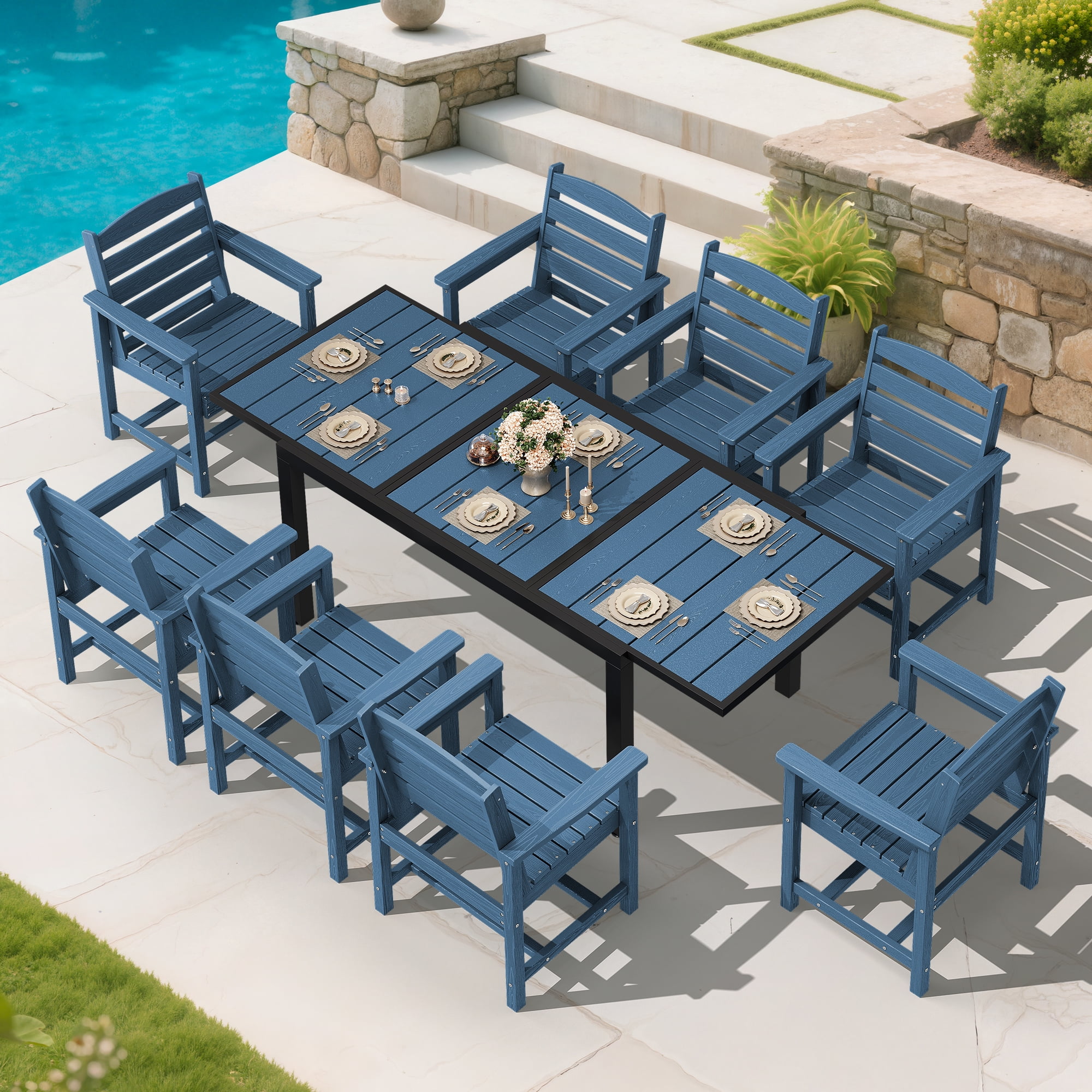 SERWALL 9 Piece HDPE Outdoor Dining Set Aluminum Expandable Patio ...