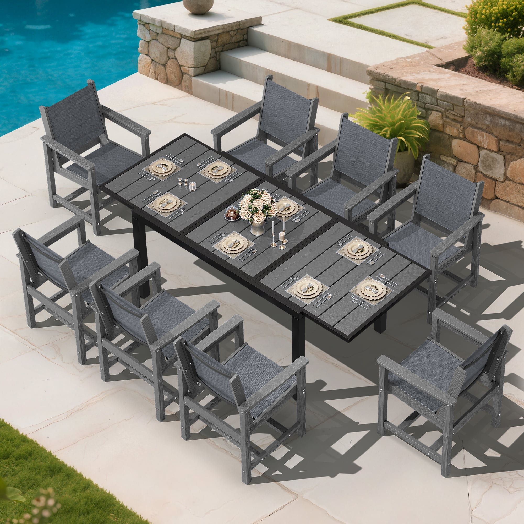 SERWALL 9 Piece HDPE Outdoor Dining Set Aluminum Expandable Patio ...