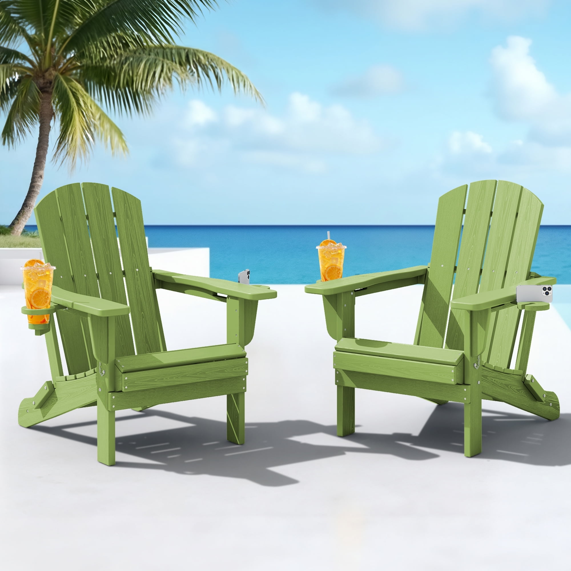 SERWALL 2PC Folding Adirondack Chair Set with Dual Cup Holders & Phone ...