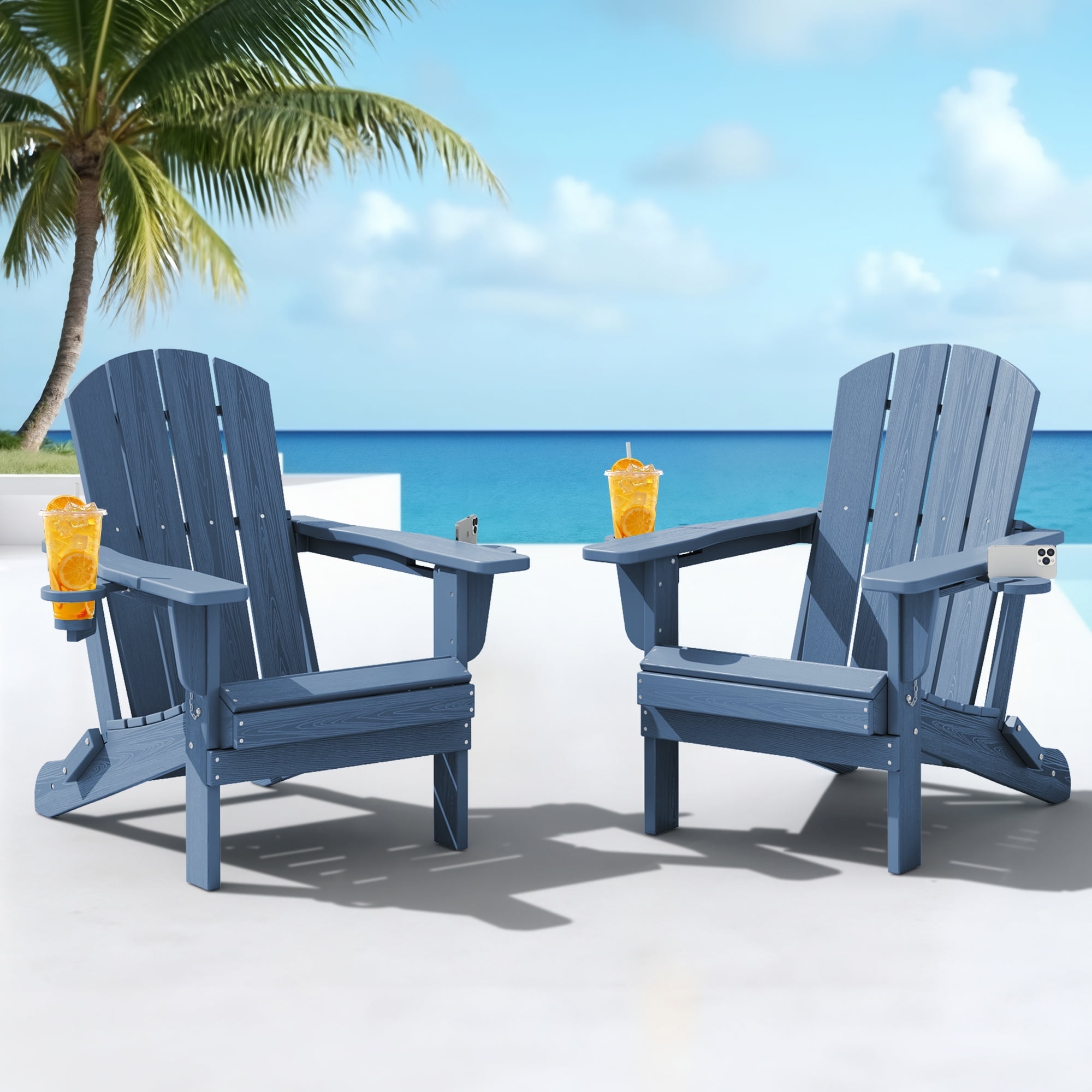 SERWALL 2PC Folding Adirondack Chair Set with Dual Cup Holders & Phone ...