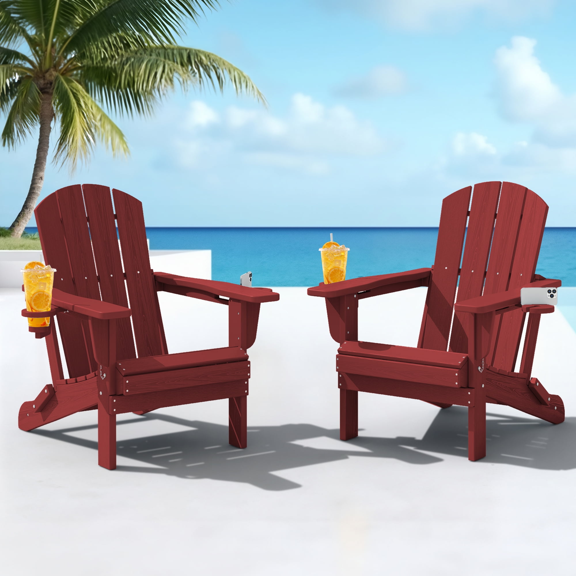 SERWALL 2PC Folding Adirondack Chair Set with Dual Cup Holders & Phone ...
