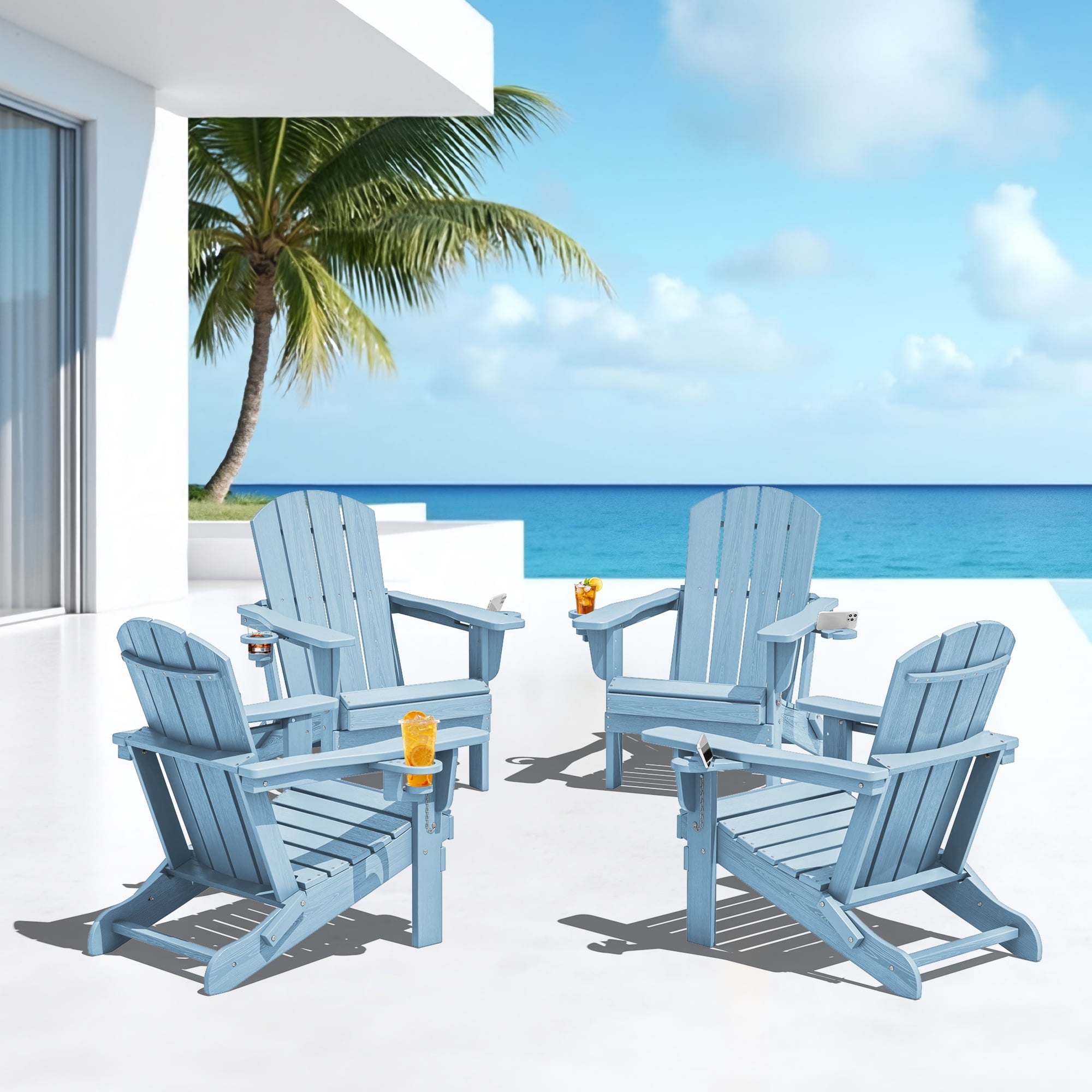 SERWALL 4PC Folding Adirondack Chair Set with Dual Cup Holders & Phone ...