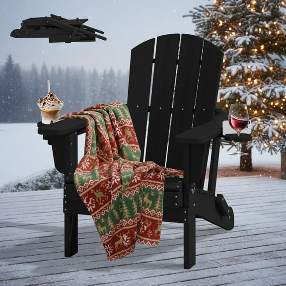SERWALL Folding Adirondack Chair Set with Dual Cup Holders & Phone Holder, All-Weather HDPE Fire Pit Chairs for Outdoor, Patio, Poolside, Garden - Black