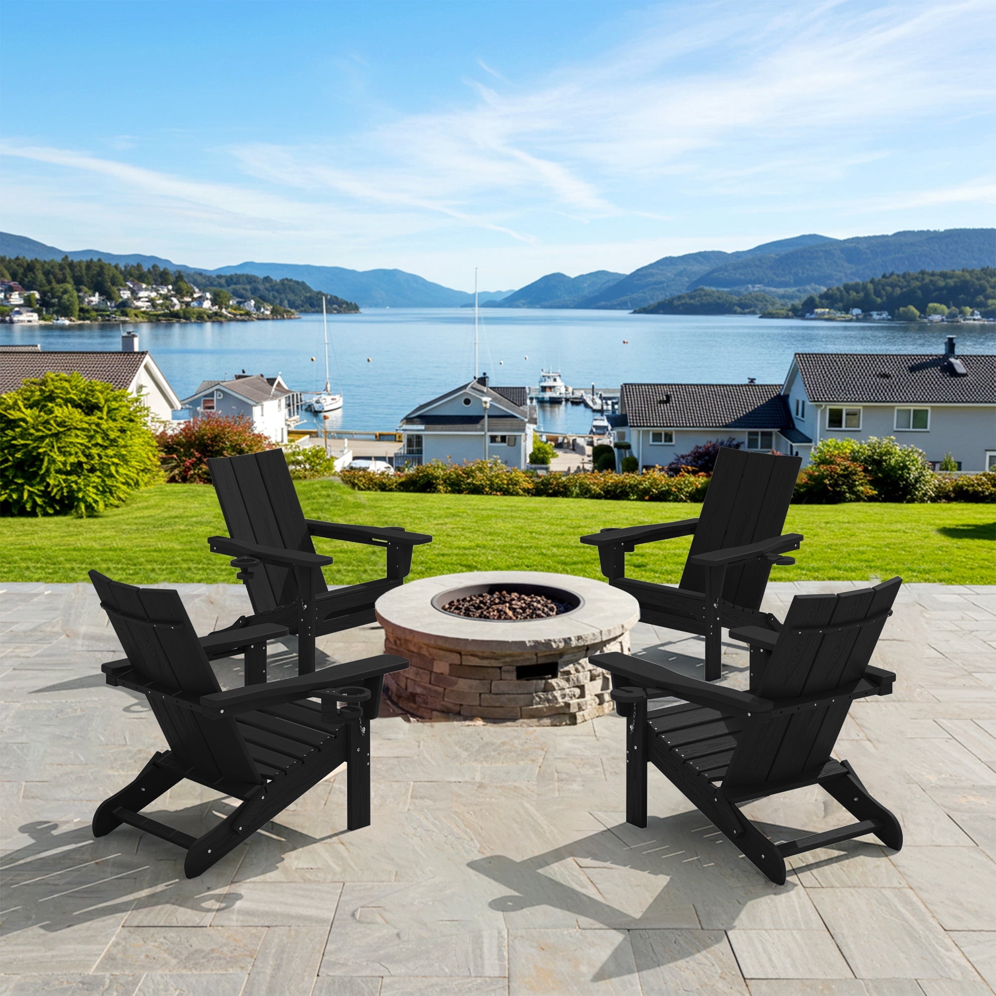 SERWALL Folding Adirondack Chair Set of 4 with Dual Cup Holders & Phone ...