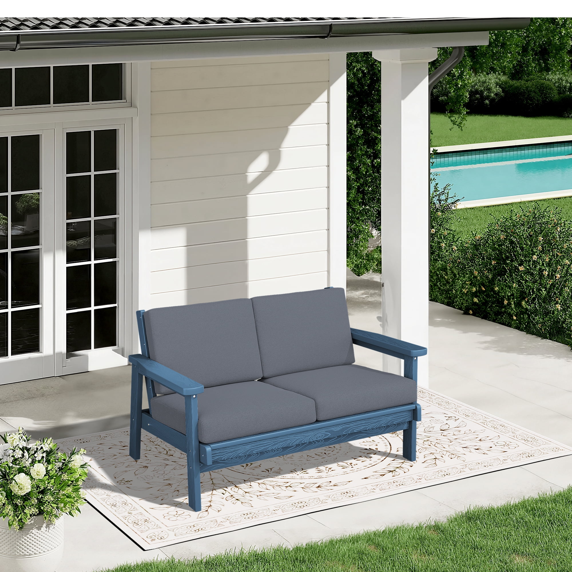 SERWALL Outdoor HDPE Patio Loveseat Sofa with Cushion,Weather-Resistant ...