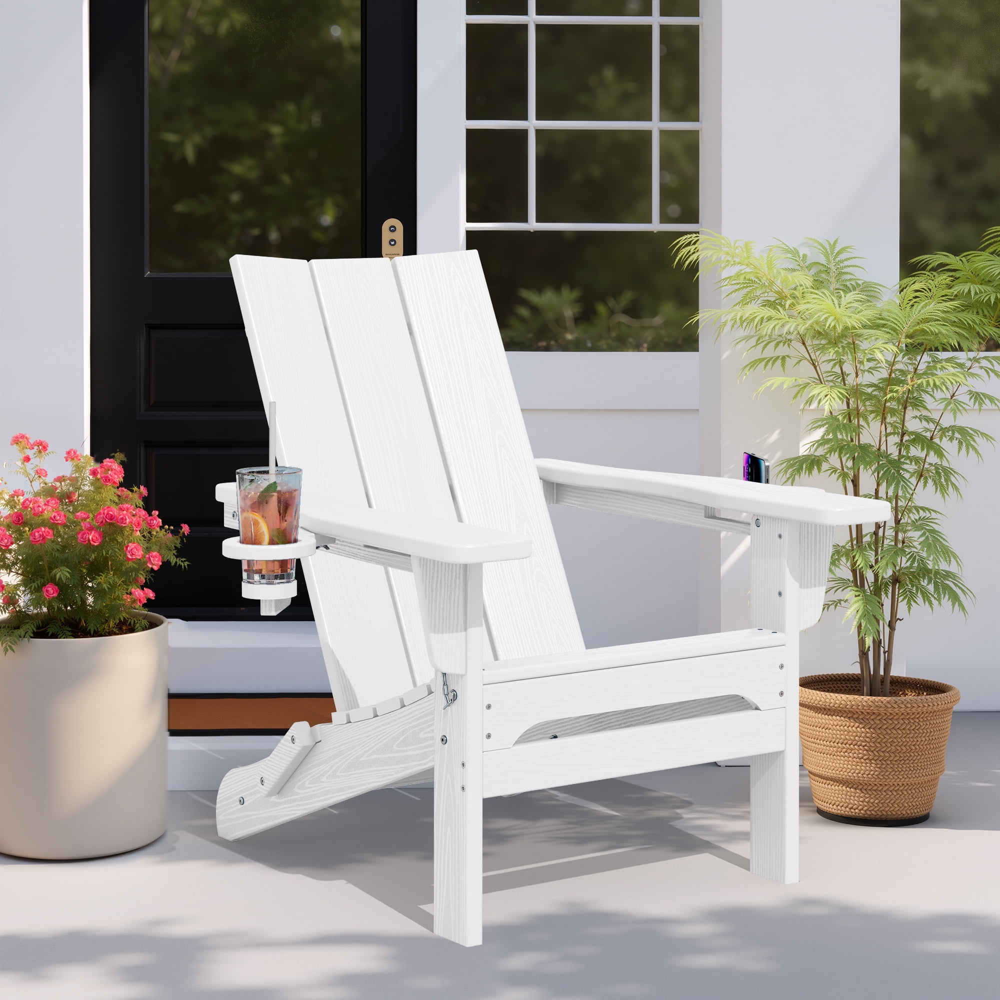 SERWALL Folding Adirondack Chair with Cup Holders & Phone Holder, All ...