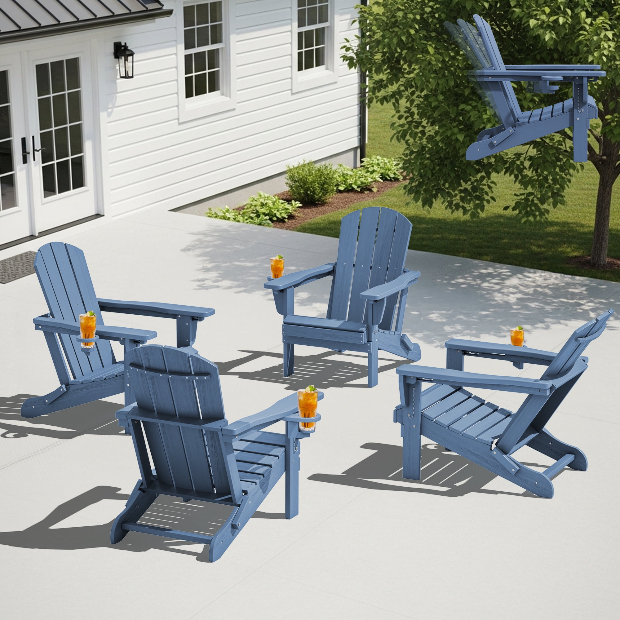 SERWALL Folding Adjustable HDPE Adirondack Chairs with Cup Holder, Set ...