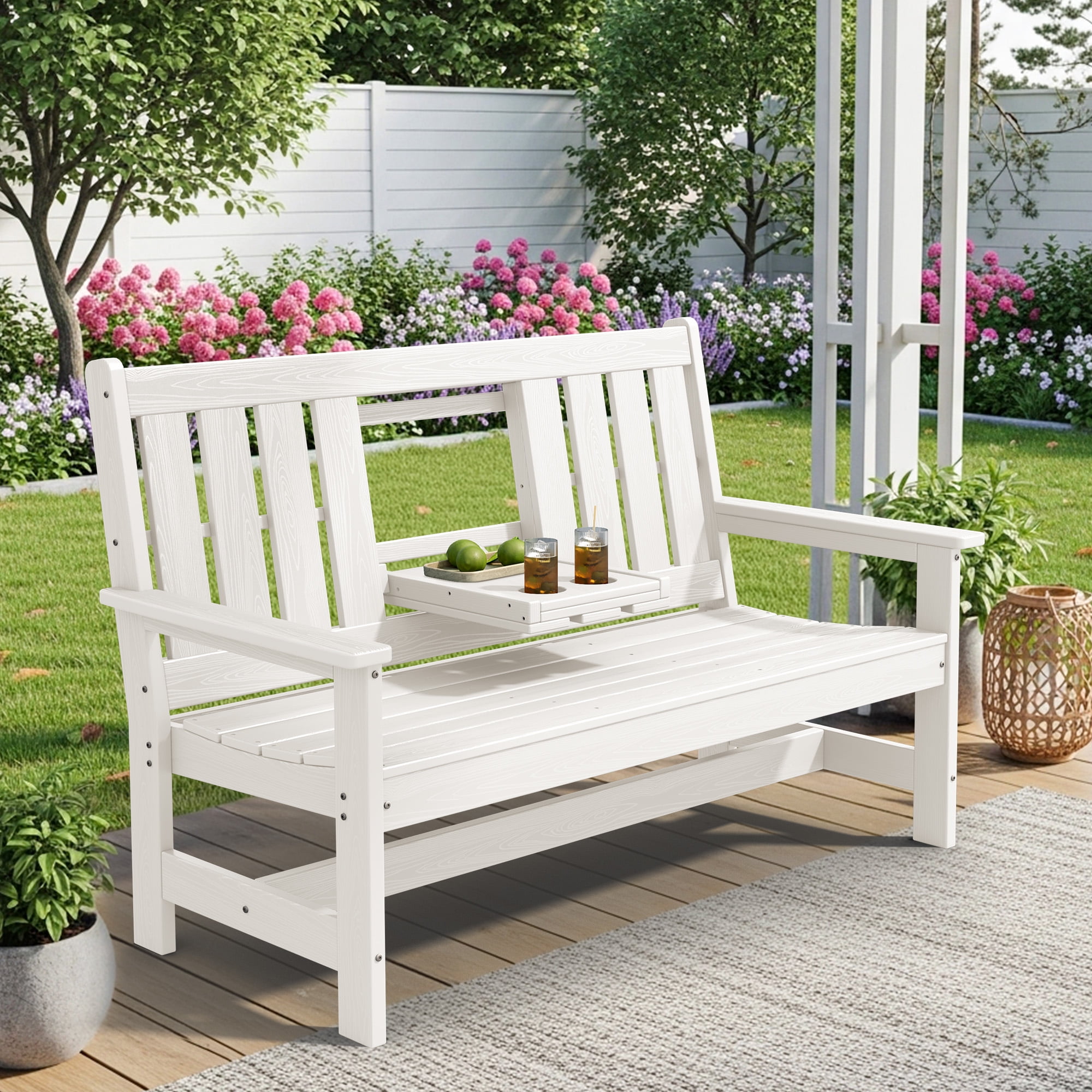 SERWALL Outdoor Bench for 3-Person, 58" All-Weather HDPE Garden Park ...