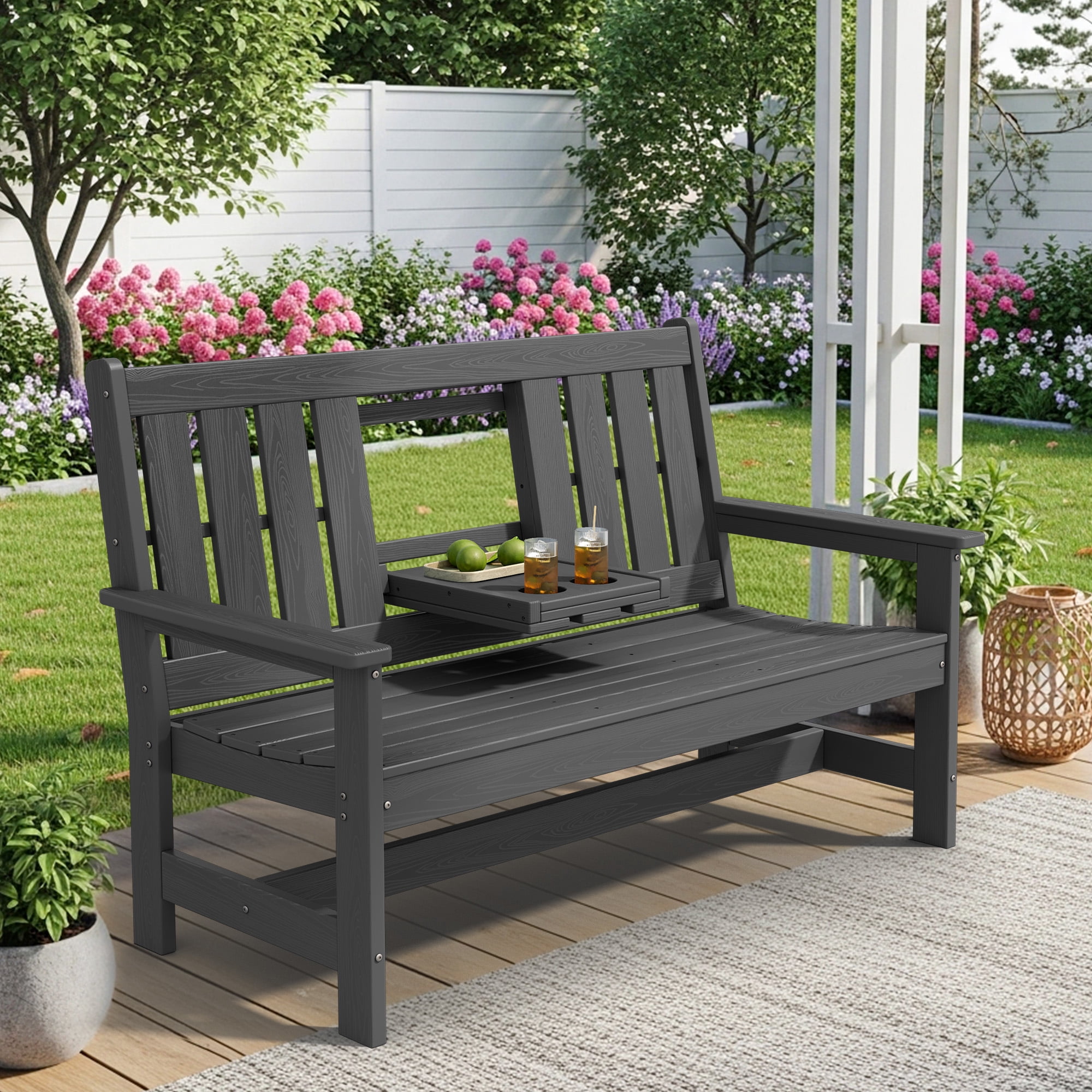 SERWALL Outdoor Bench for 3-Person with Cup Holder, 58" All-Weather ...