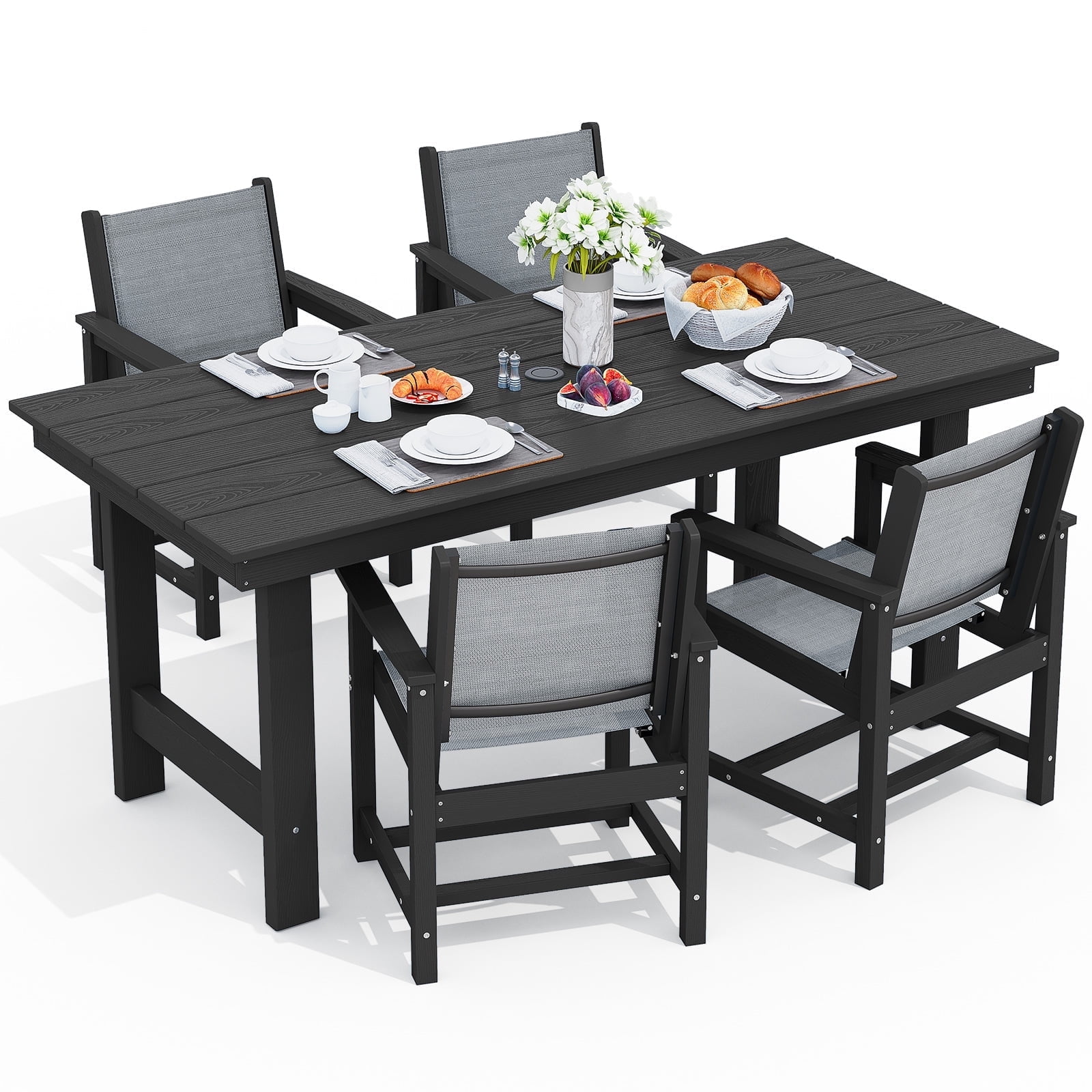 SERWALL Outdoor Dining Set, 5-Piece HDPE Dining Table with Umbrella ...