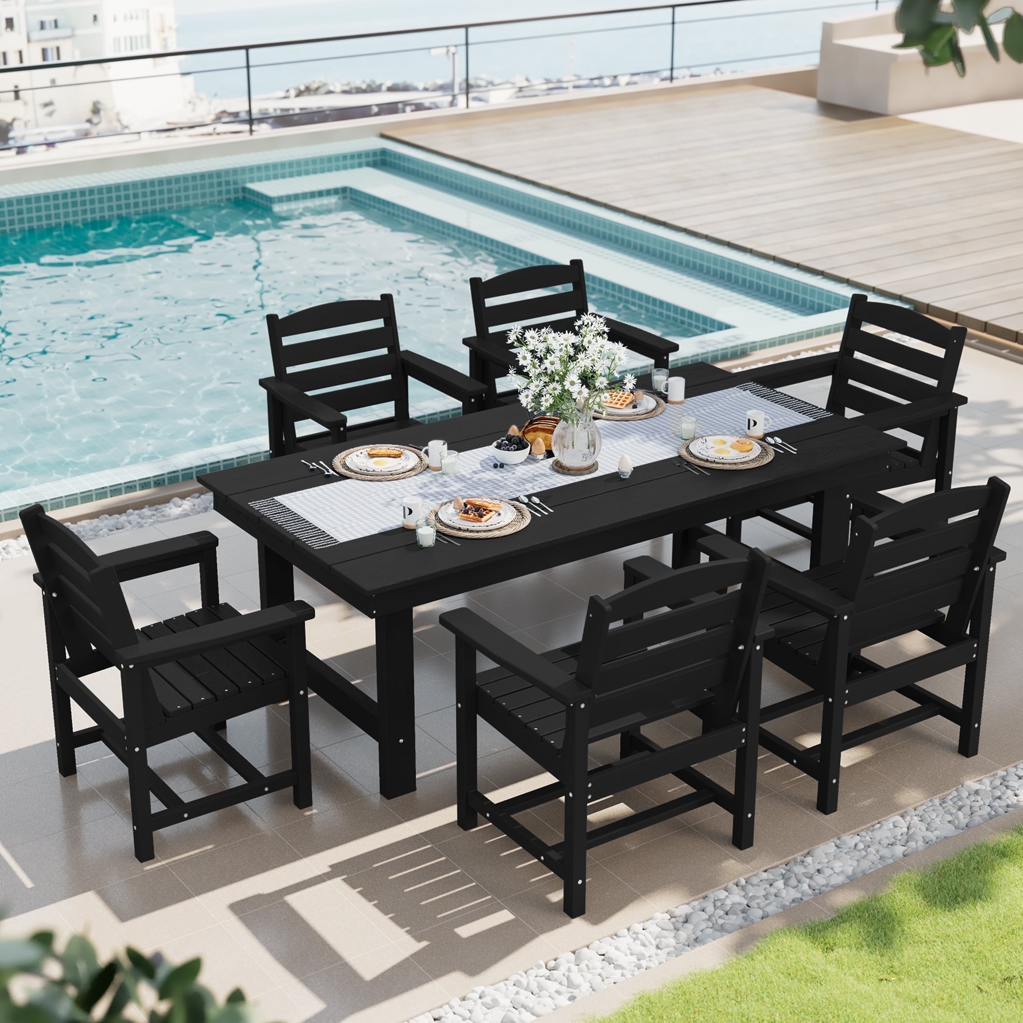 SERWALL Outdoor HDPE Dining Table Set, 7-Piece Outdoor Dining Table ...