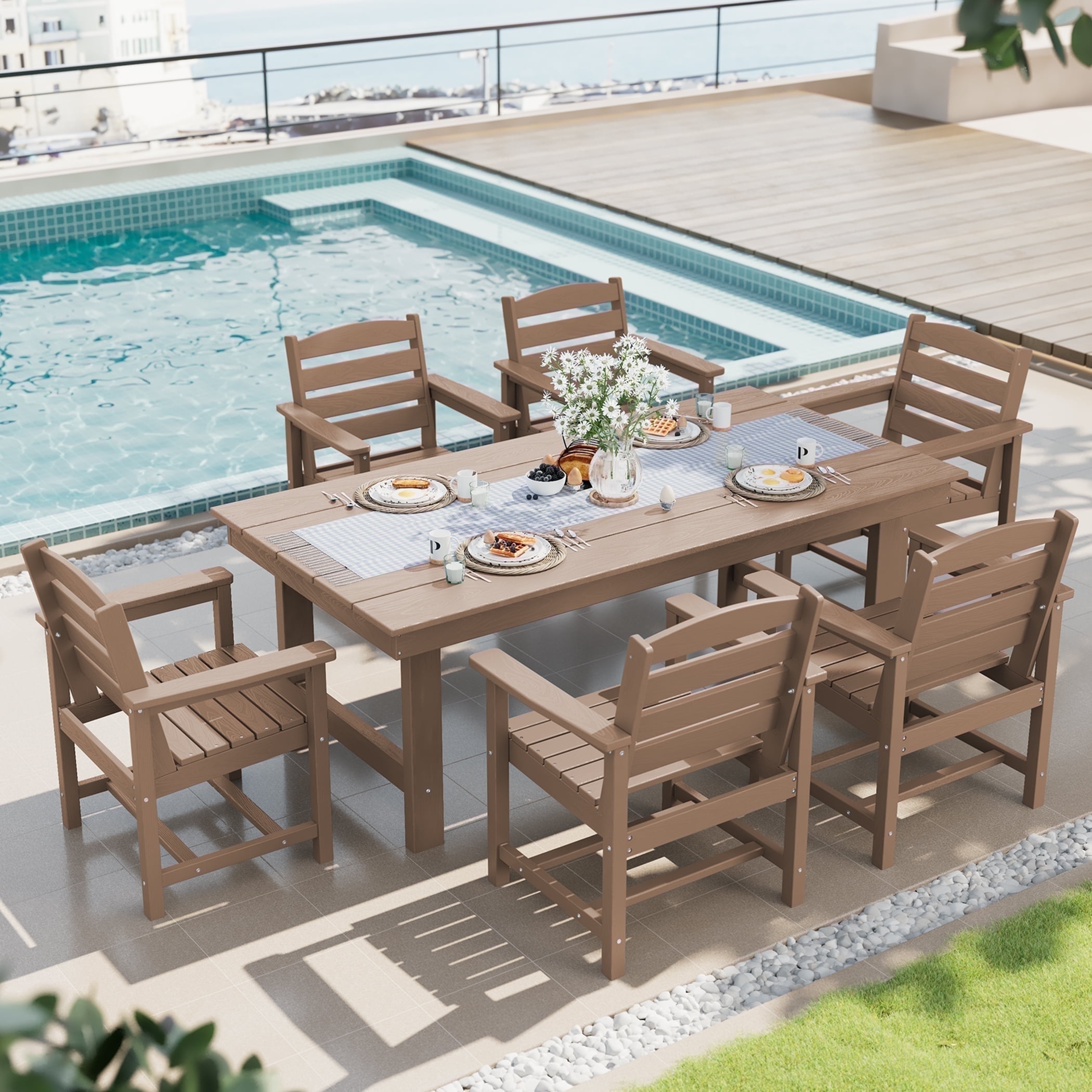 SERWALL Outdoor HDPE Dining Table Set, 7-Piece Outdoor Dining Table ...