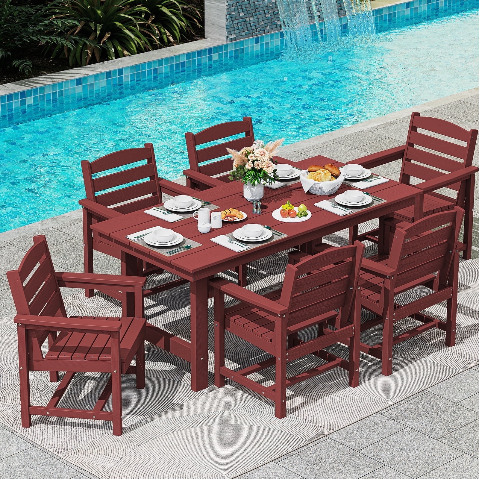 SERWALL Outdoor HDPE Dining Table Set, 7-Piece Outdoor Dining Table ...