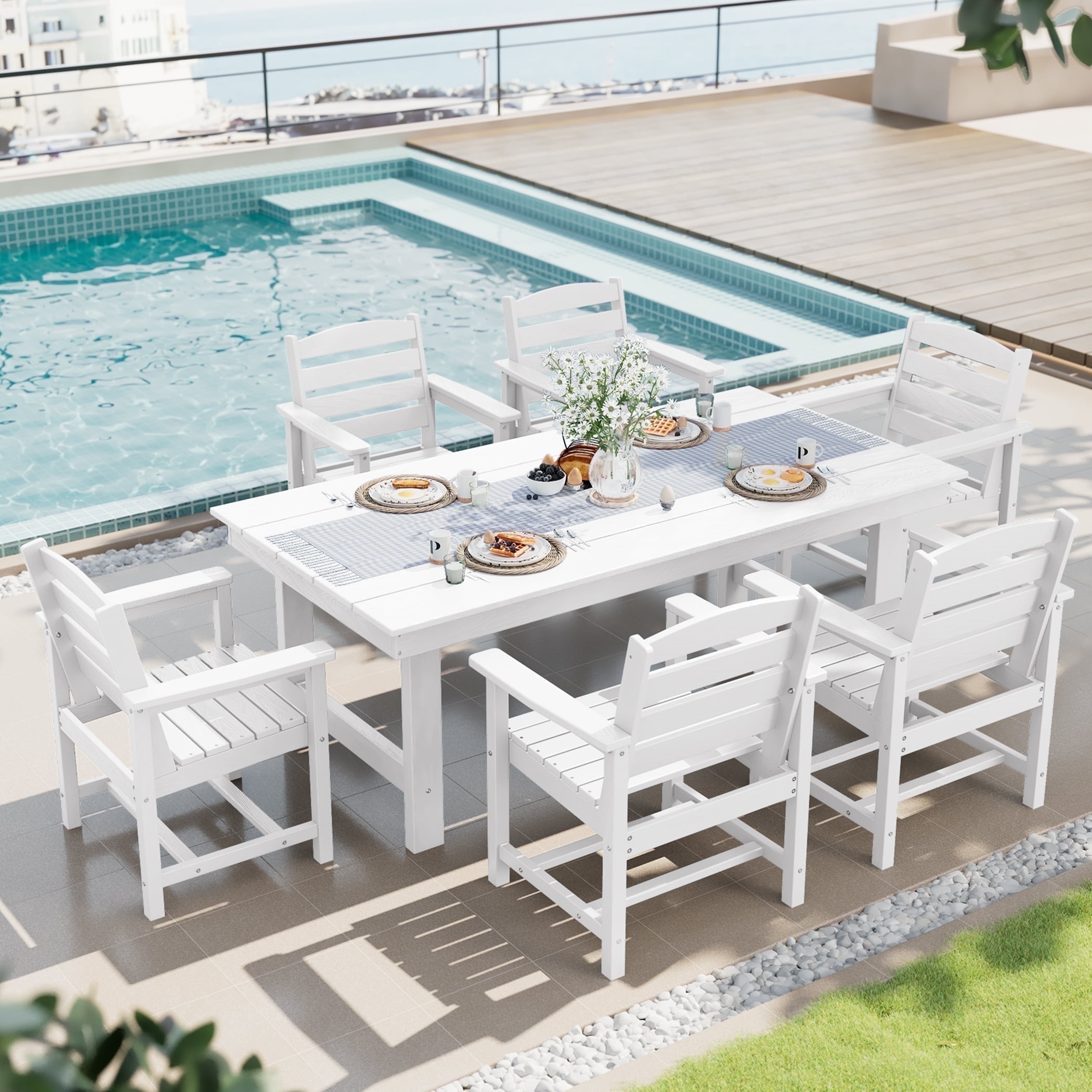 SERWALL Outdoor HDPE Dining Table Set, 7-Piece Outdoor Dining Table ...