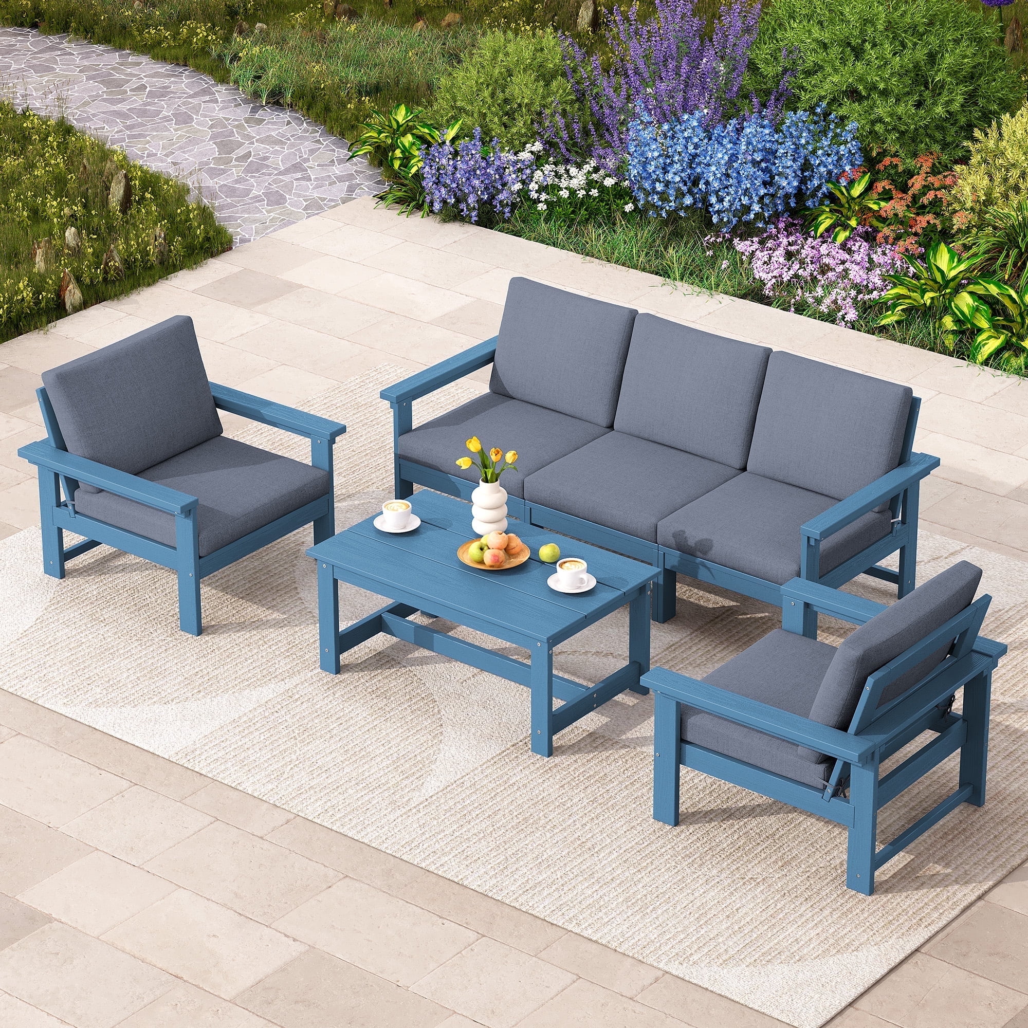 SERWALL Outdoor Patio Furniture Set, 6-Piece HDPE Outdoor Sofa Set ...