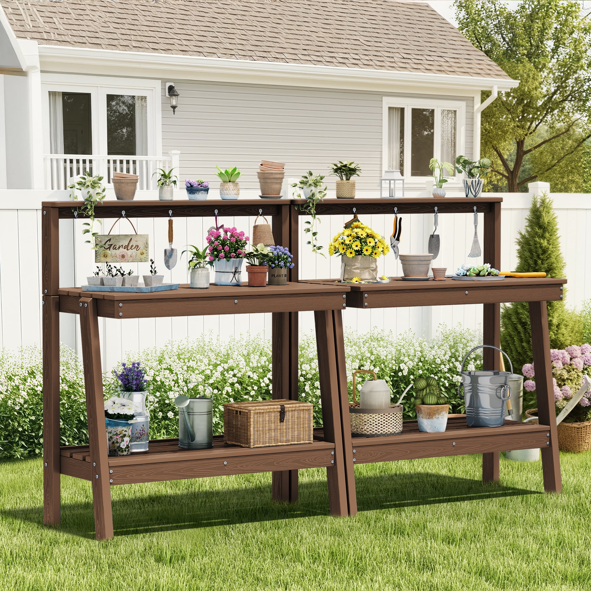 SERWALL Outdoor Potting Bench Set of 2 with Storage & Hooks, 3-Tier ...