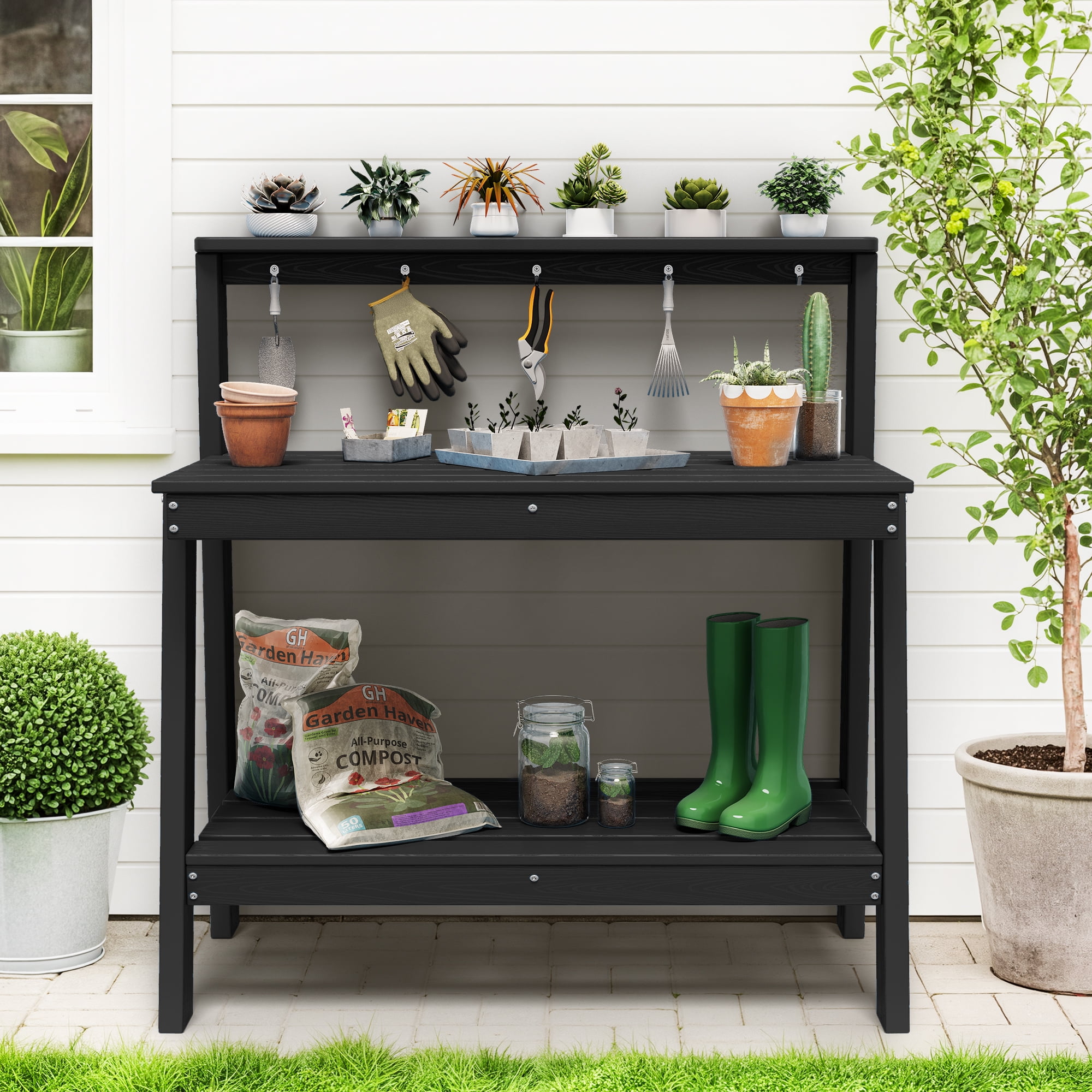 SERWALL Outdoor Potting Bench with Storage & Hooks, 3-Tier Heavy-Duty ...