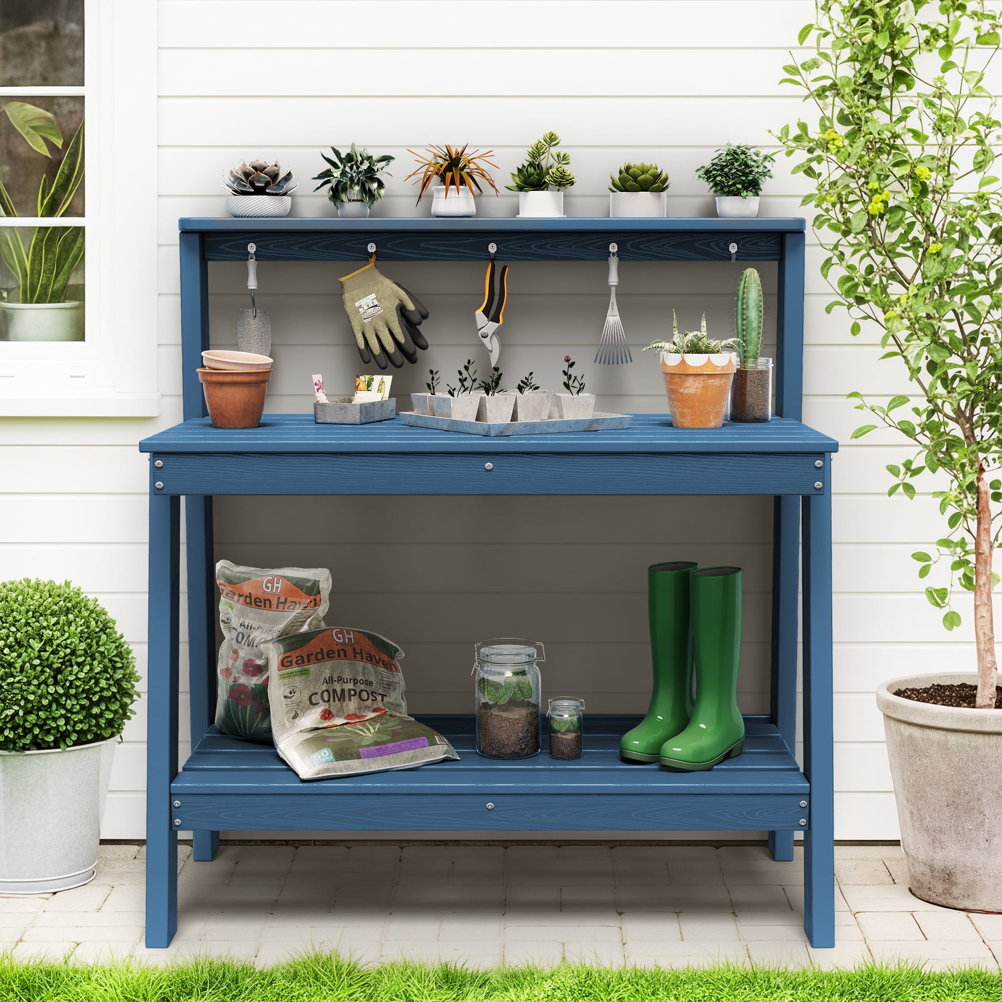 SERWALL, Outdoor Potting Bench, 34.8''W x 17.7''D x 45.5''H, Blue ...