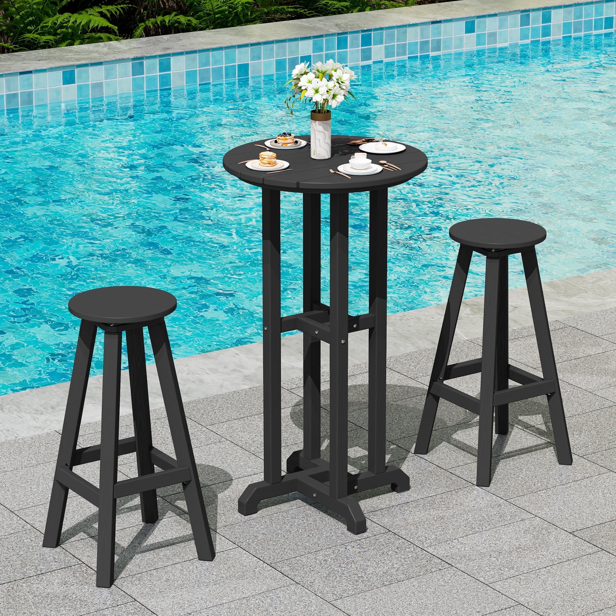 SERWALL Outdoor Round Bar Table and Swivel Bar Stools Set, All Weather ...