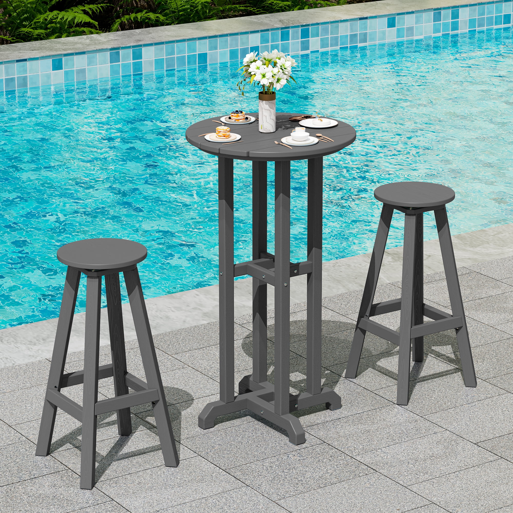 SERWALL Outdoor Round Bar Table and Swivel Bar Stools Set, All Weather ...