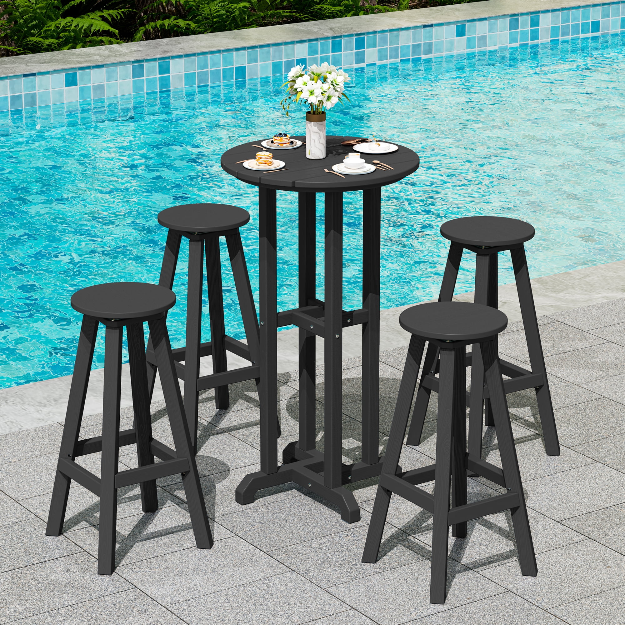 SERWALL Outdoor Round Bar Table and Swivel Bar Stools Set, All Weather ...