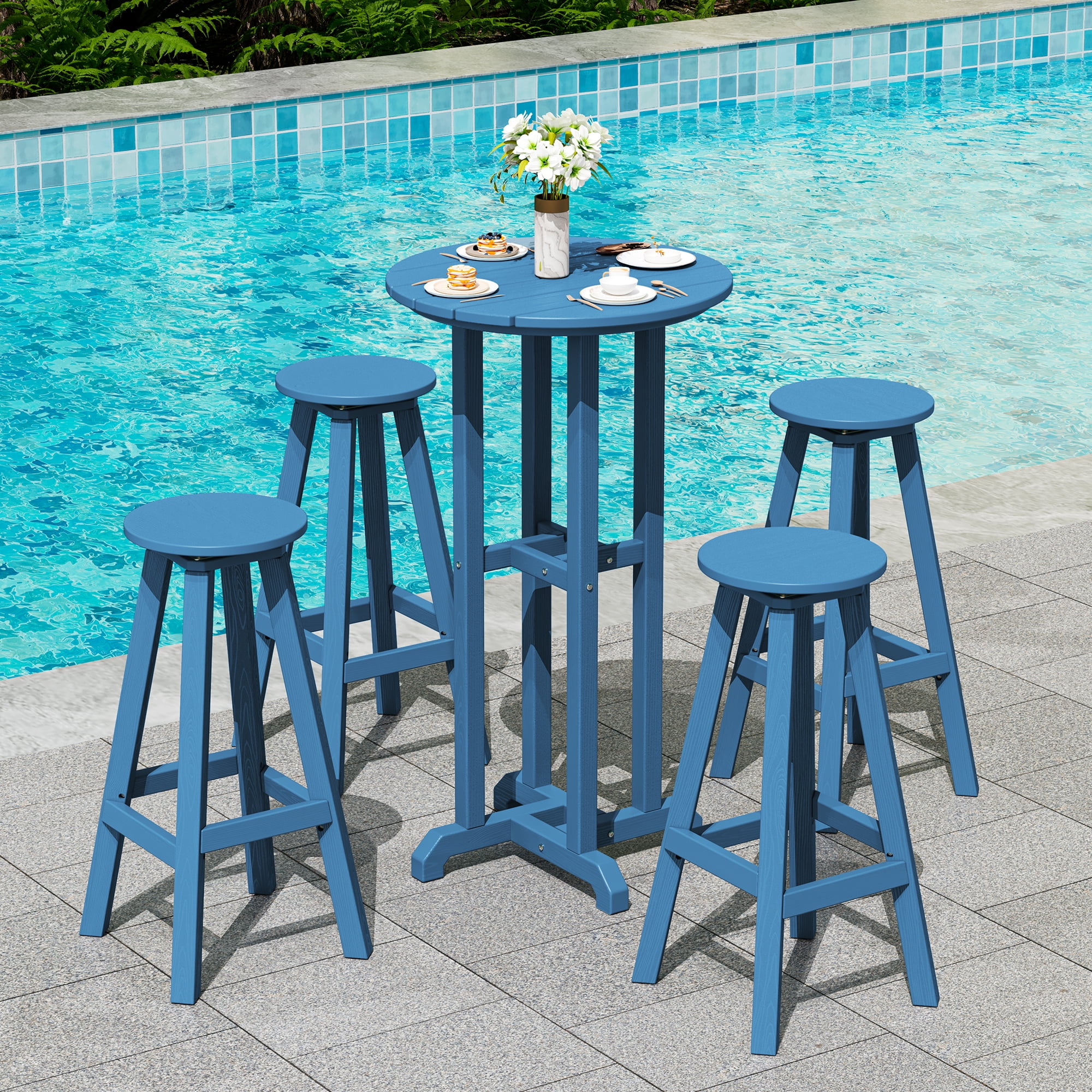 SERWALL Outdoor Round Bar Table and Swivel Bar Stools Set, All Weather ...