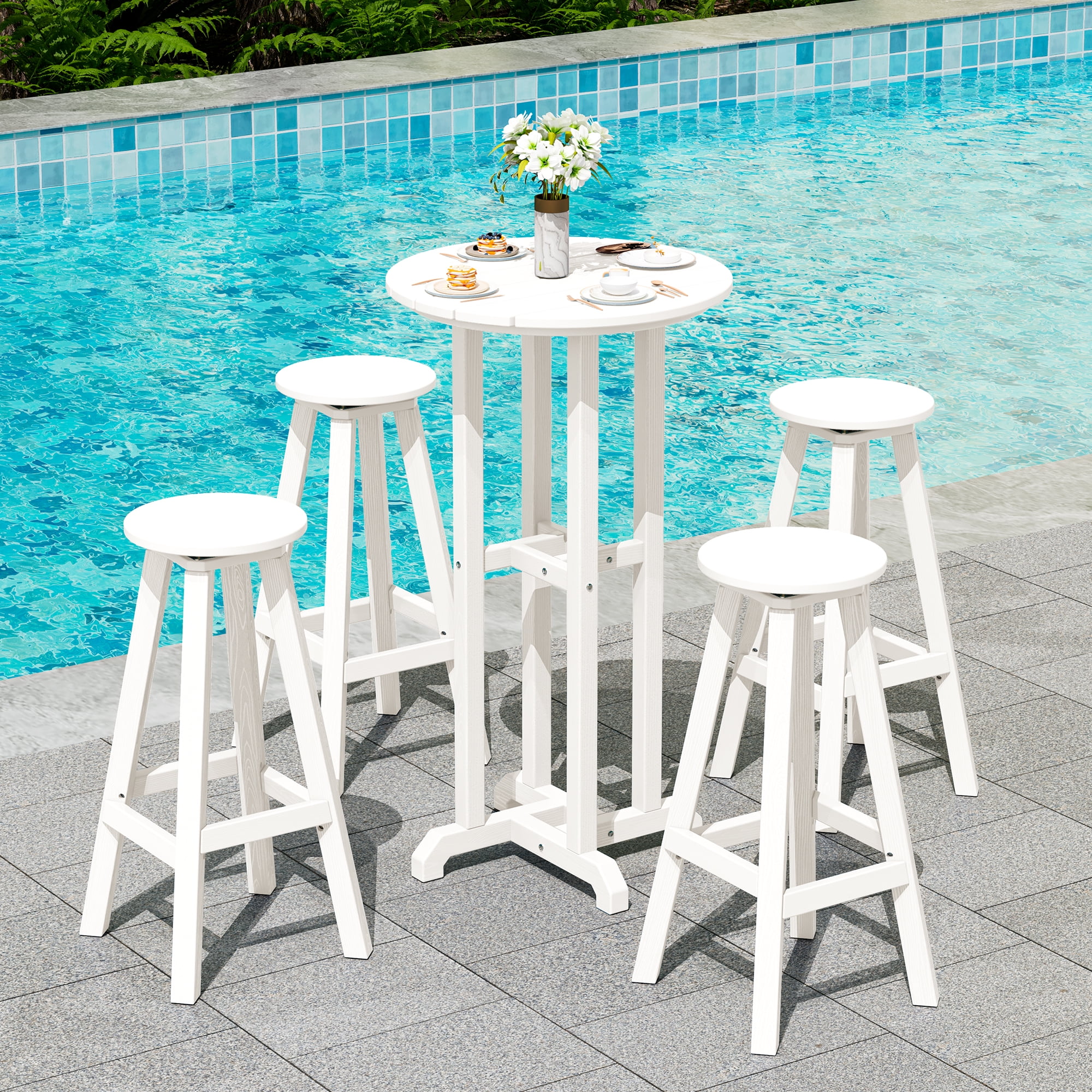 SERWALL Outdoor Round Bar Table and Swivel Bar Stools Set, All Weather ...
