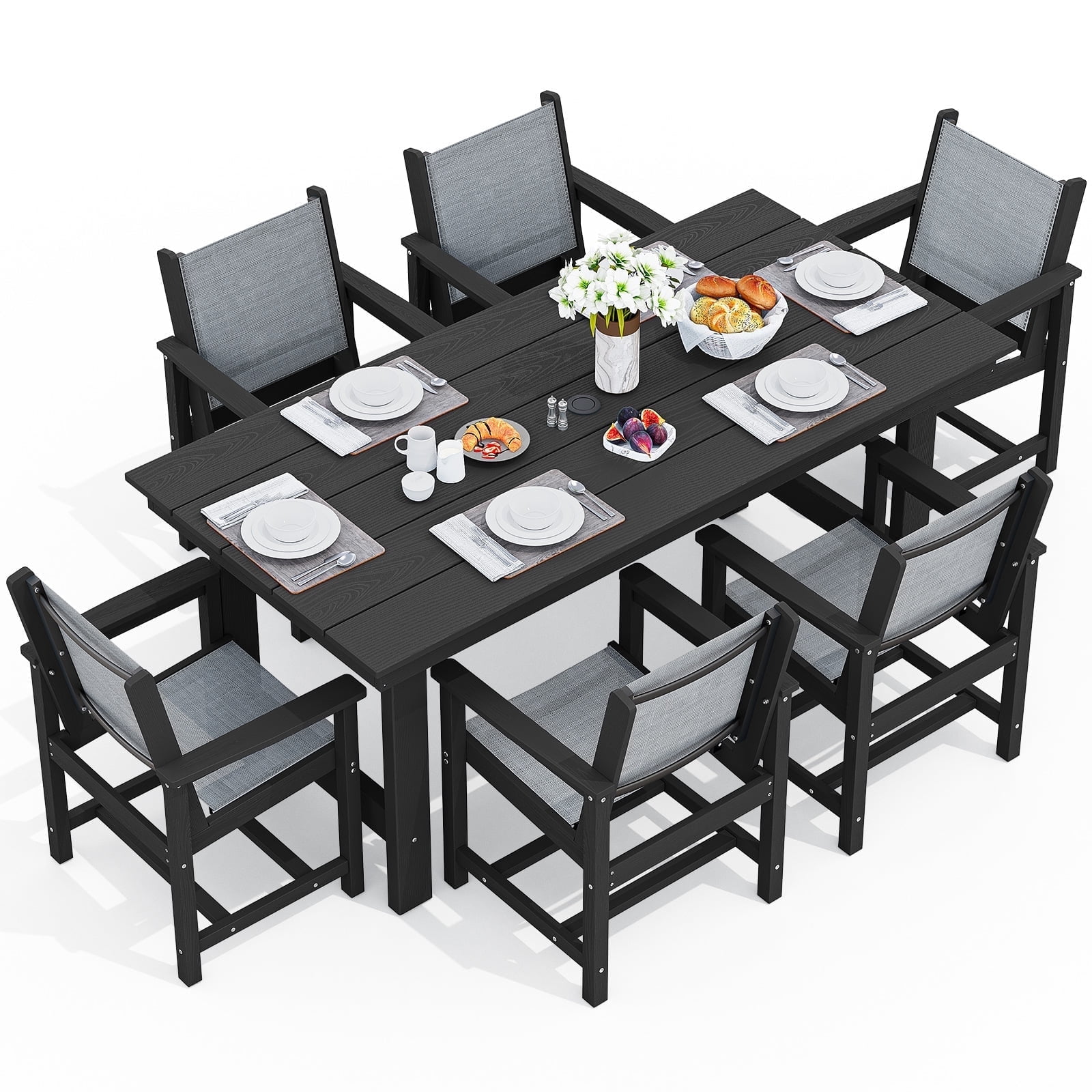SERWALL Patio Dining Table Set, 7-Piece Outdoor HDPE Dining Table Sets ...