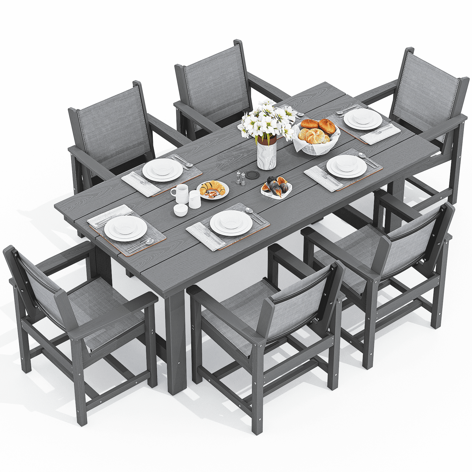 SERWALL Patio Dining Table Set, 7-Piece Outdoor HDPE Dining Table Sets ...