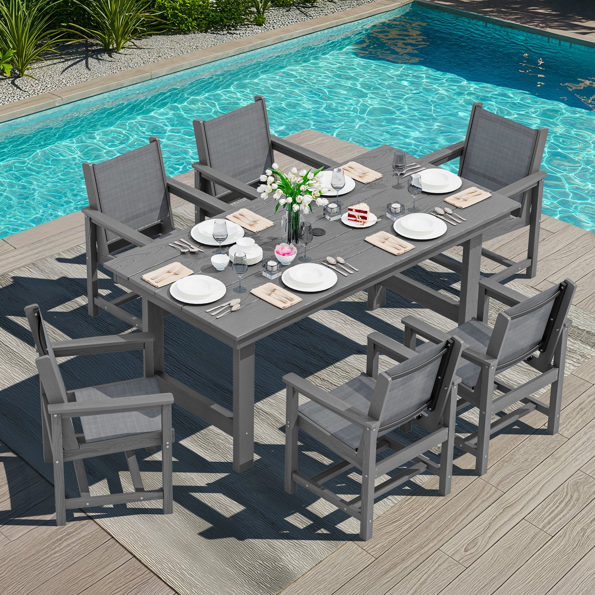 SERWALL Patio Dining Table Set, 7-Piece Outdoor HDPE Dining Table Sets ...