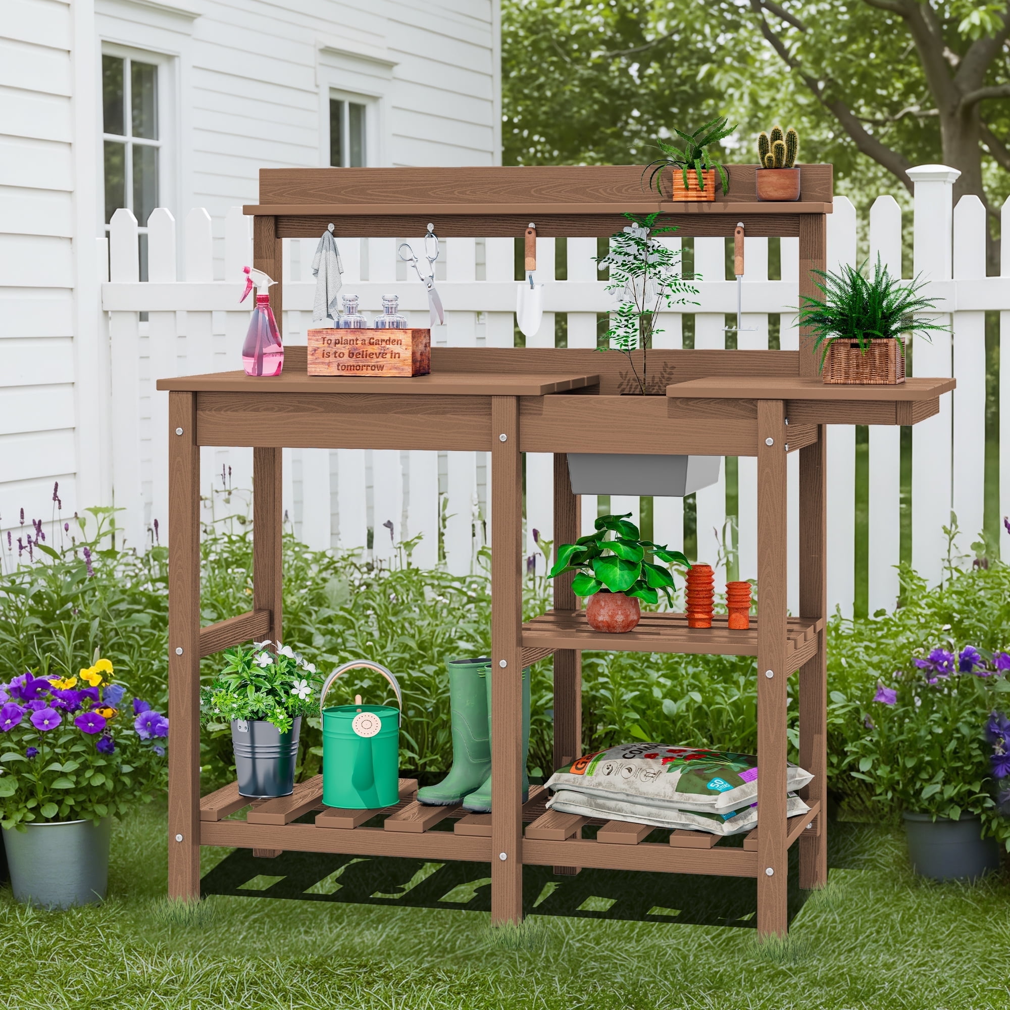 SERWALL Potting Bench Outdoor Potting Table with Sink, HDPE Material ...